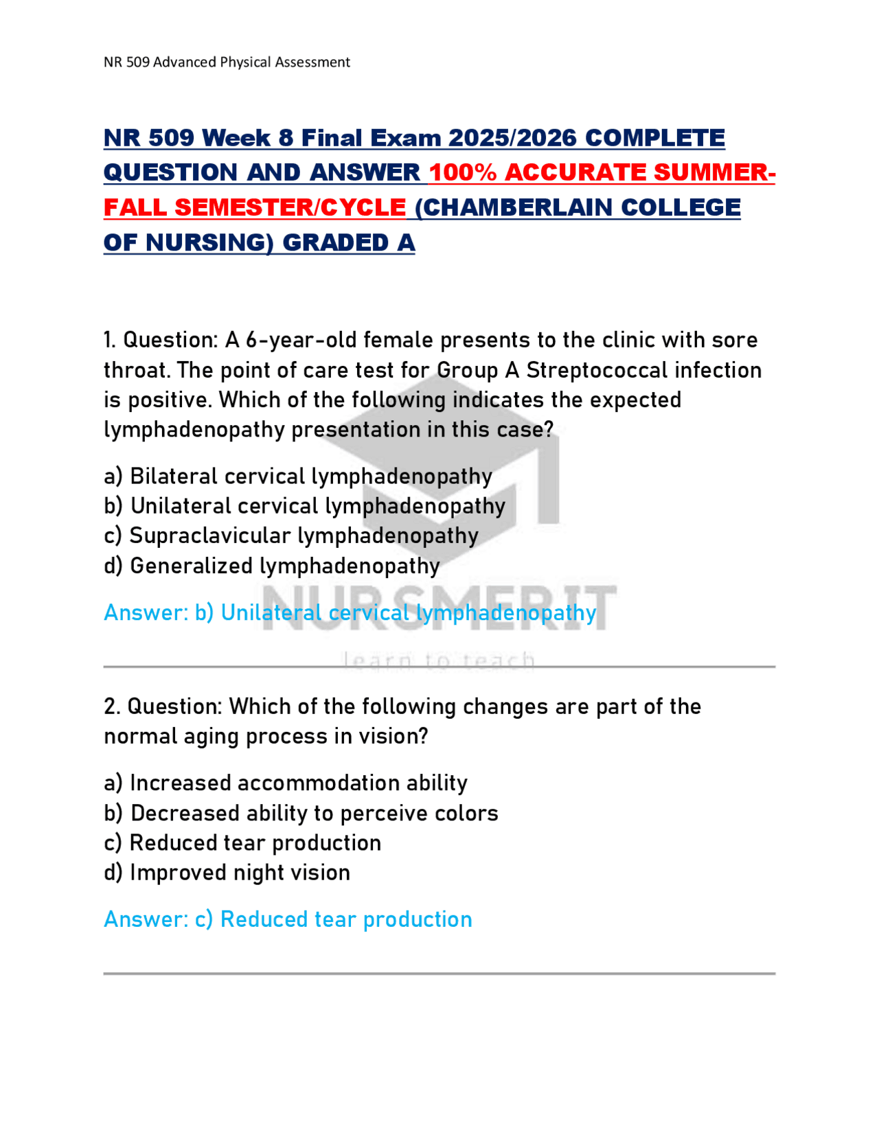 NR 509 Week 8 Final Exam 2025/2026 COMPLETE QUESTION AND ANSWER 100% ACCURATE SUMMER FALL ...