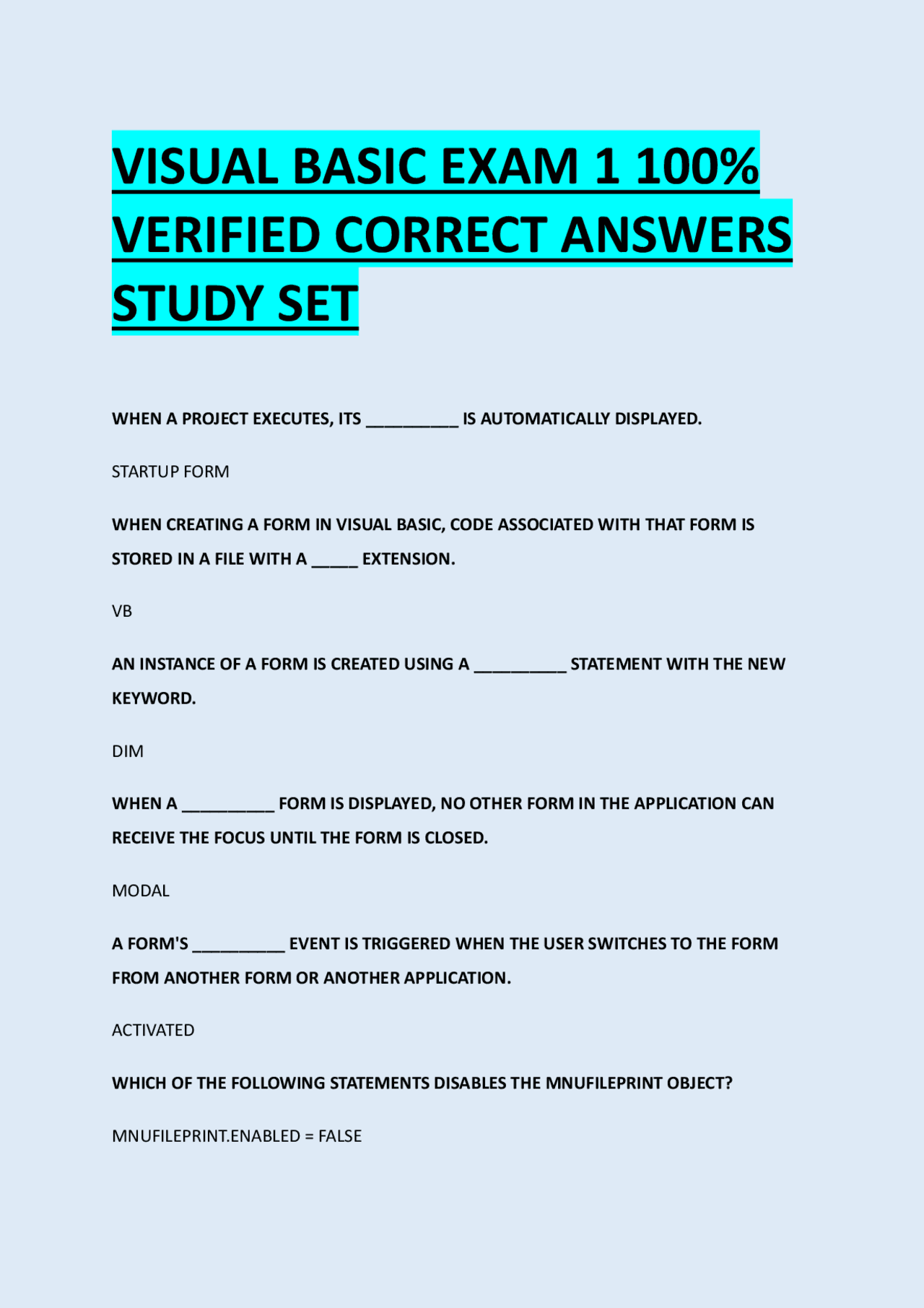VISUAL BASIC EXAM 1 100% VERIFIED CORRECT ANSWERS STUDY SET | Exams ...