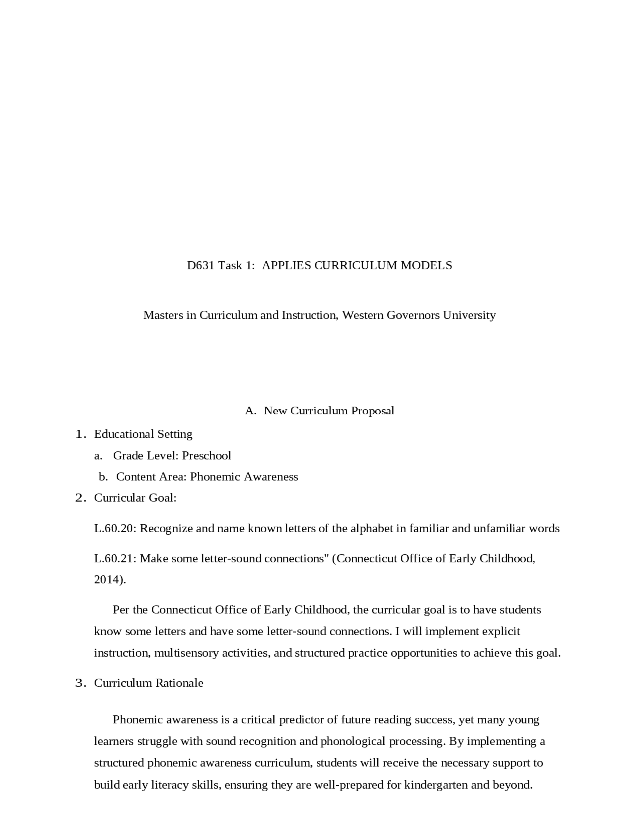 D631 Task 1: APPLIES CURRICULUM MODELS Masters in Curric | Thesis ...
