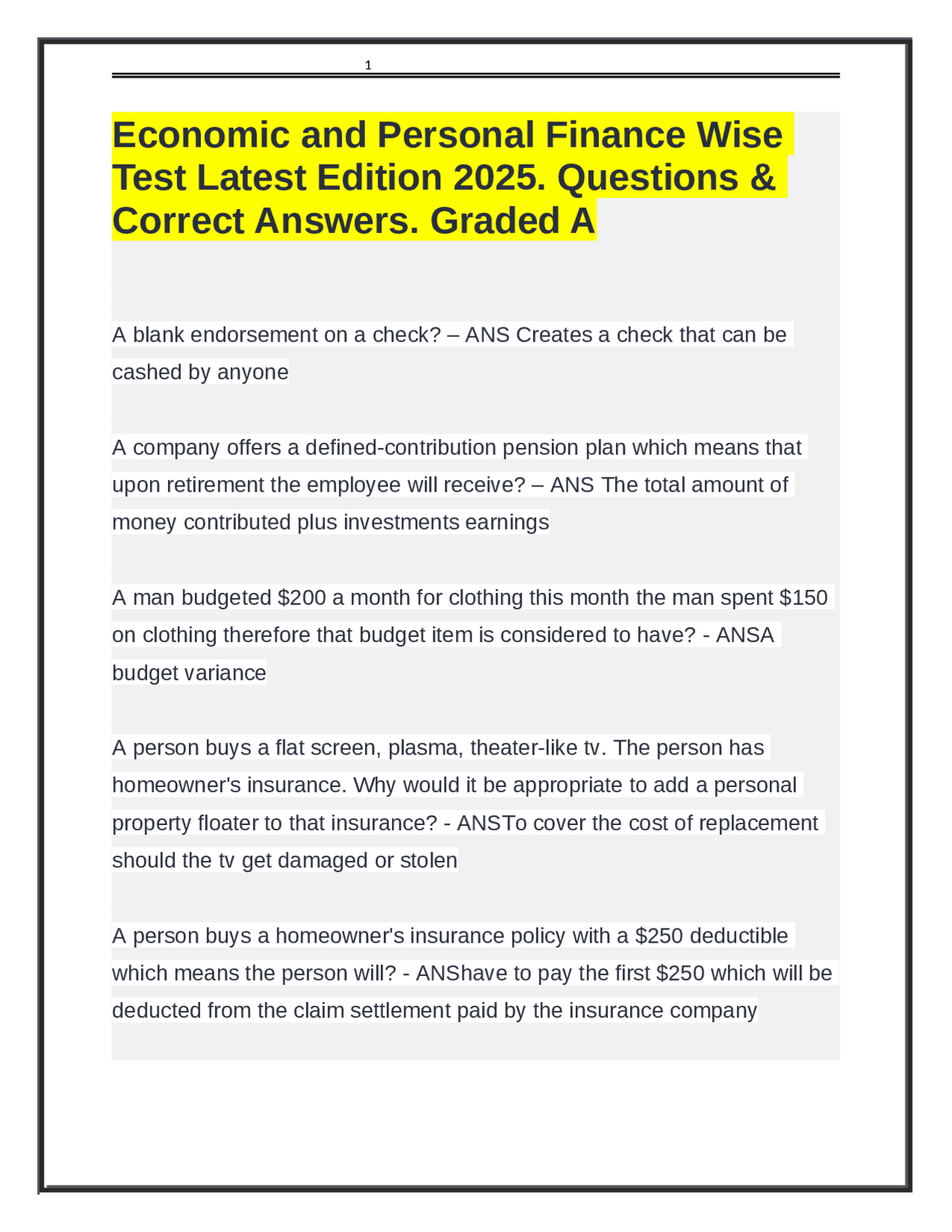 Economic and Personal Finance Wise Test Latest Edition 2025. Questions ...