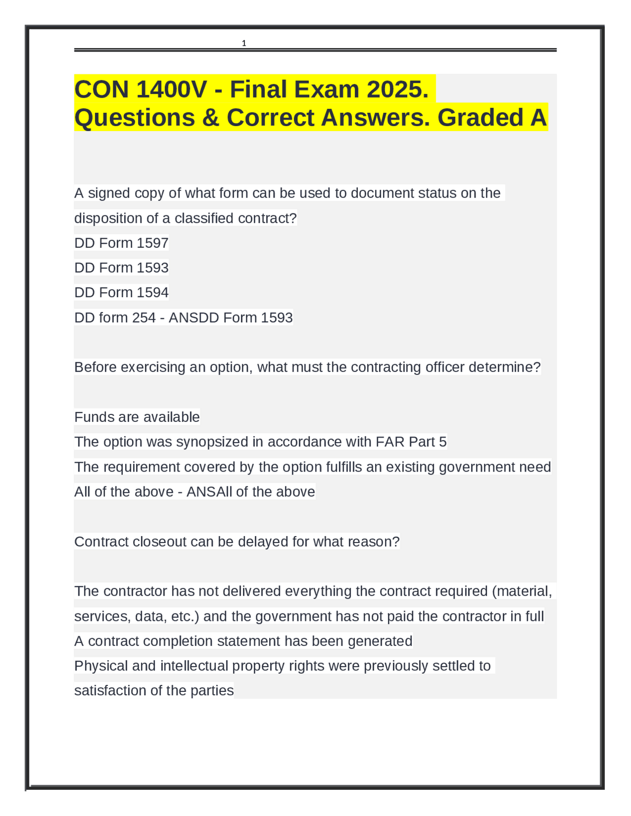 CON 1400V - Final Exam 2025. Questions & Correct Answers. Graded A ...