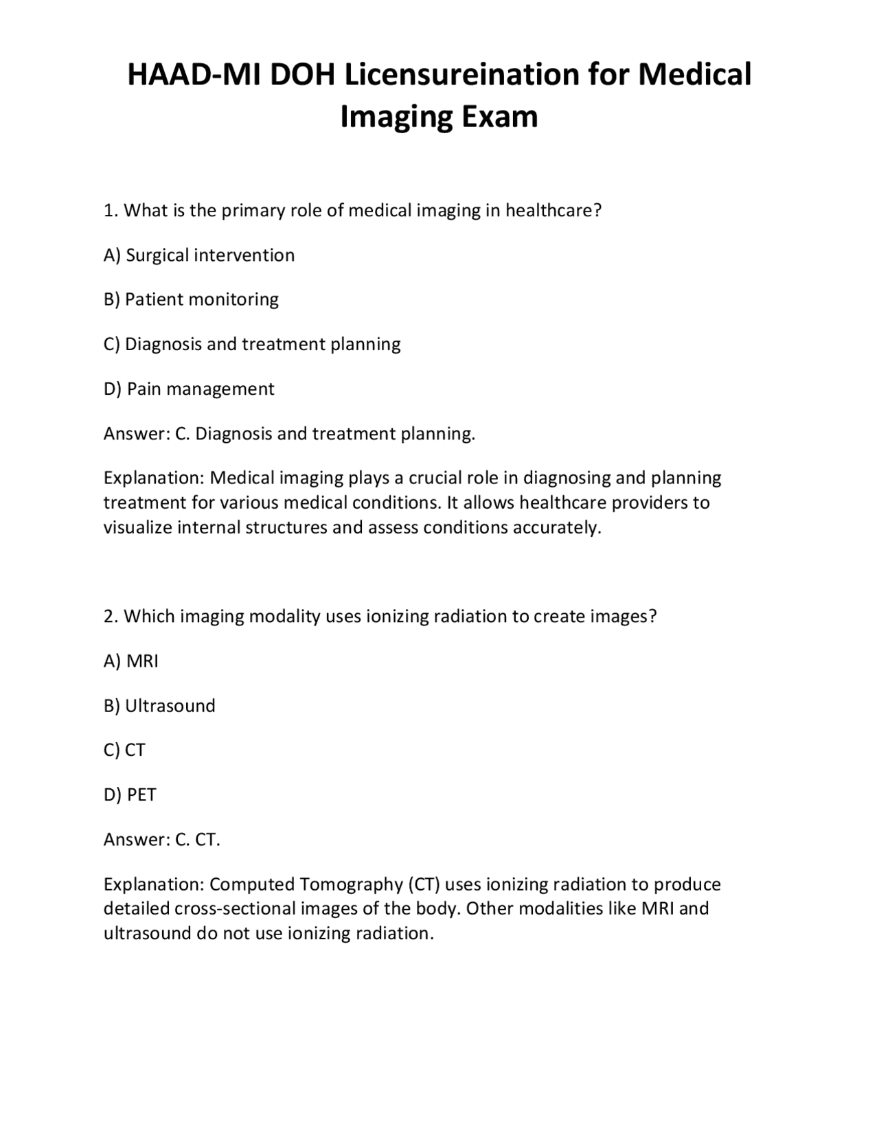 HAAD-MI DOH Licensureination for Medical Imaging Exam | Exams Technology | Docsity