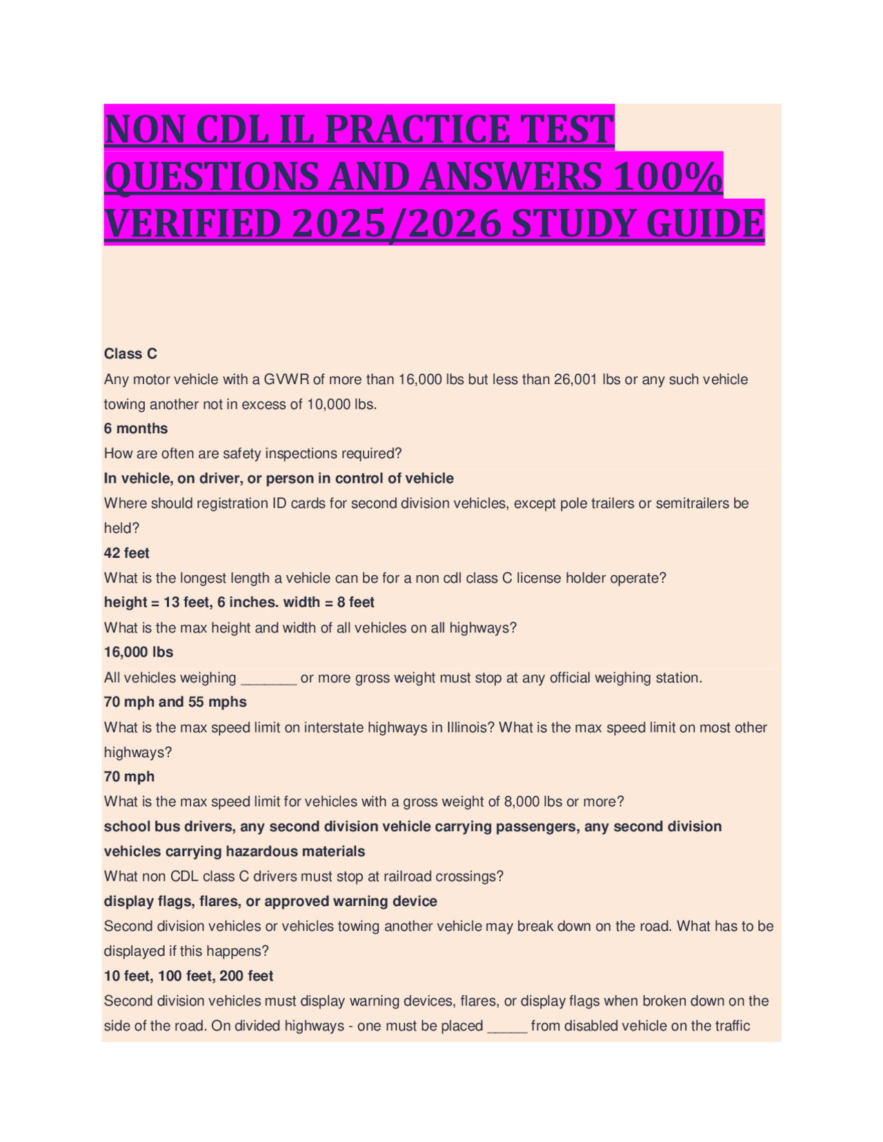 NON CDL IL PRACTICE TEST QUESTIONS AND ANSWERS 100% VERIFIED 2025/2026 ...