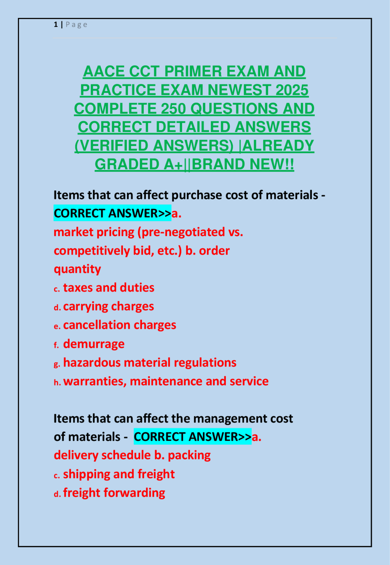 AACE CCT PRIMER EXAM AND PRACTICE EXAM NEWEST 2025 COMPLETE 250 ...