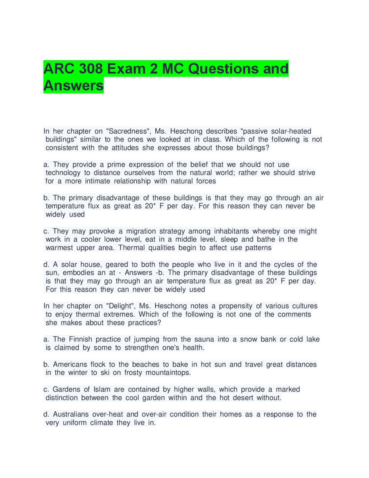 ARC 308 Exam 2: Multiple Choice Questions and Answers on Thermal ...