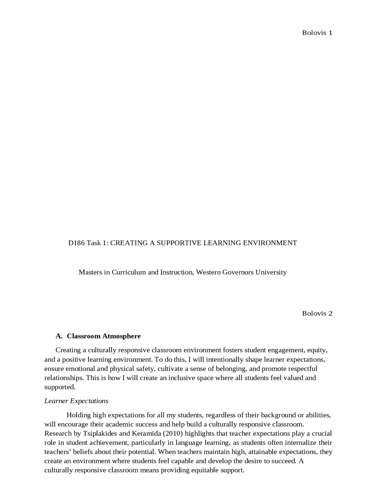 Bolovis 1 D186 Task 1: CREATING A SUPPORTIVE LEARNING ENV | Thesis Accounting | Docsity