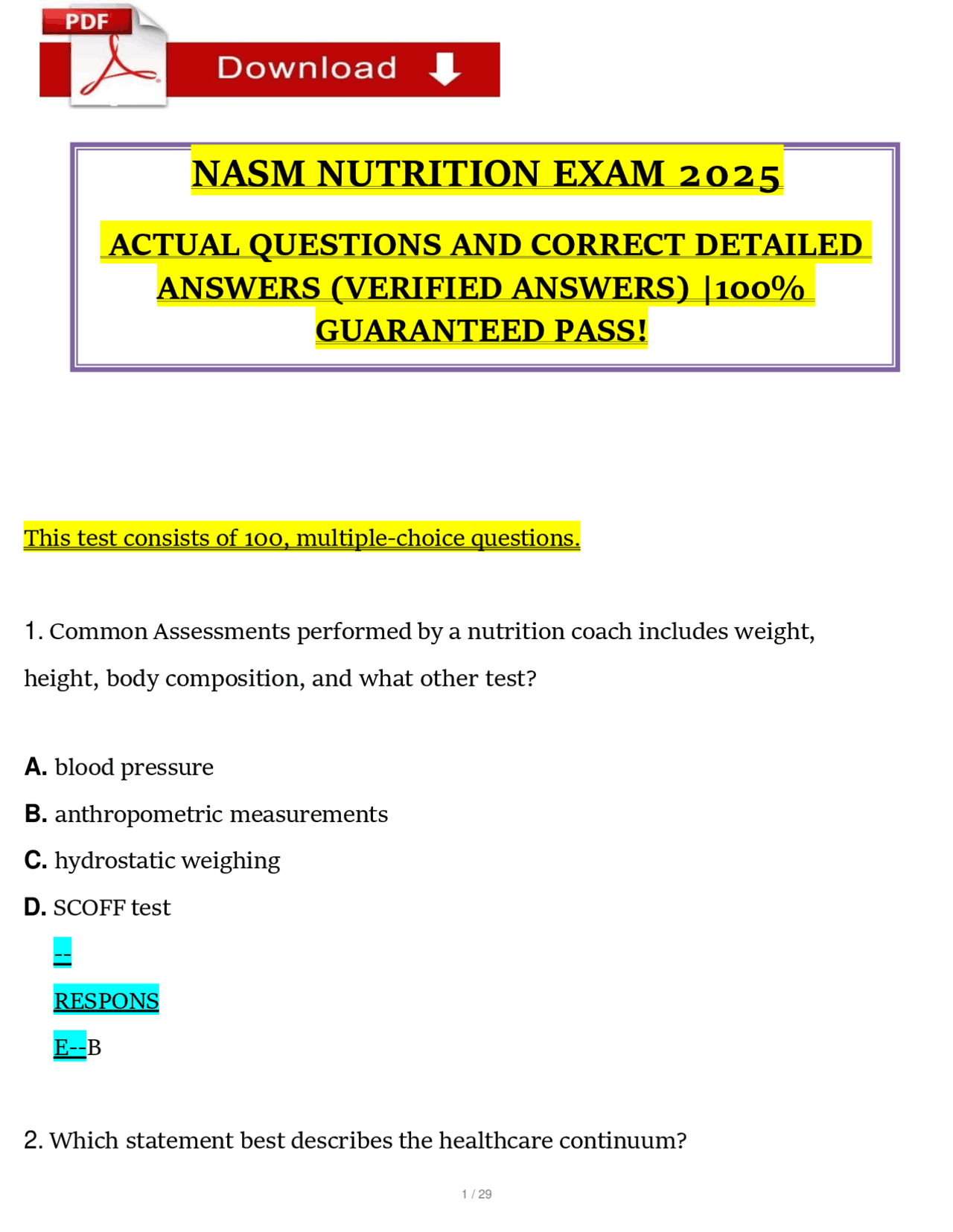 NASM NUTRITION EXAM 2025 ACTUAL QUESTIONS AND CORRECT DETAILED ANSWERS ...