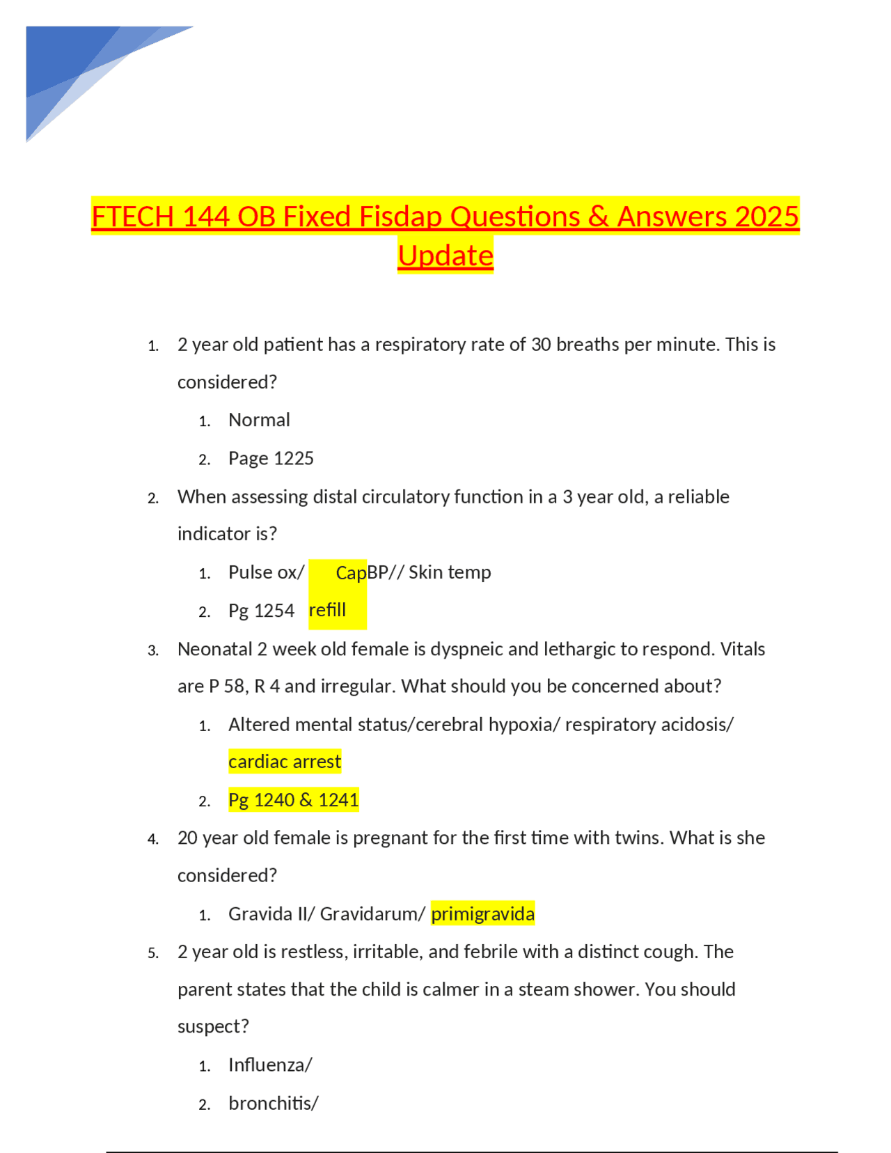 FTECH 144 OB Fixed Fisdap Questions & Answers 2025 | Exams Nursing | Docsity