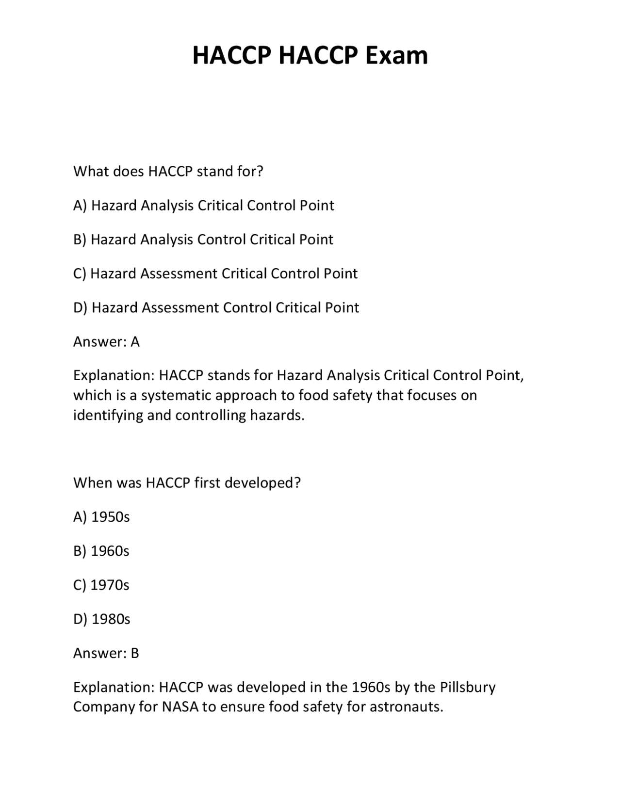 HACCP HACCP Practice Exam | Exams Technology | Docsity