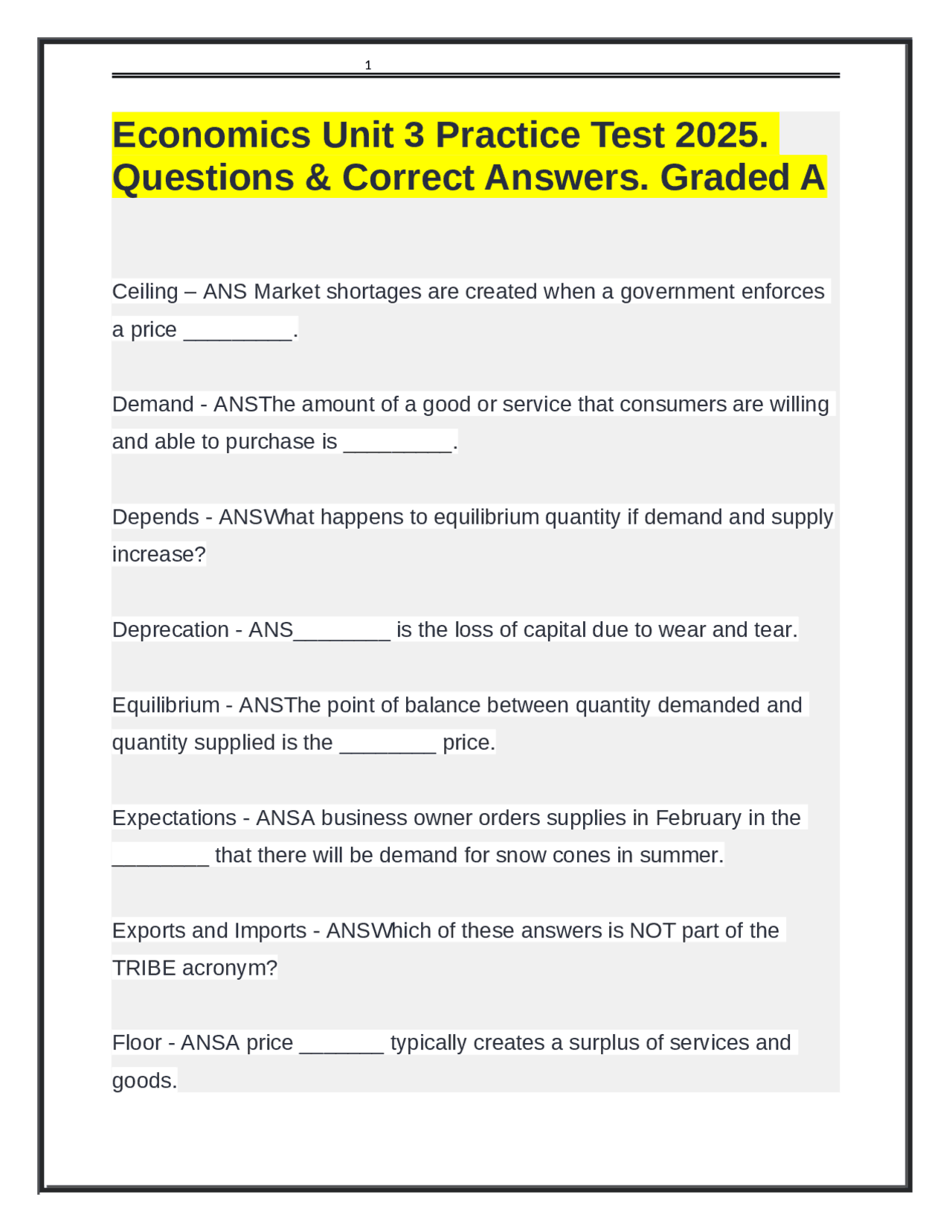 Economics Unit 3 Practice Test: Questions and Answers | Exams Economics ...