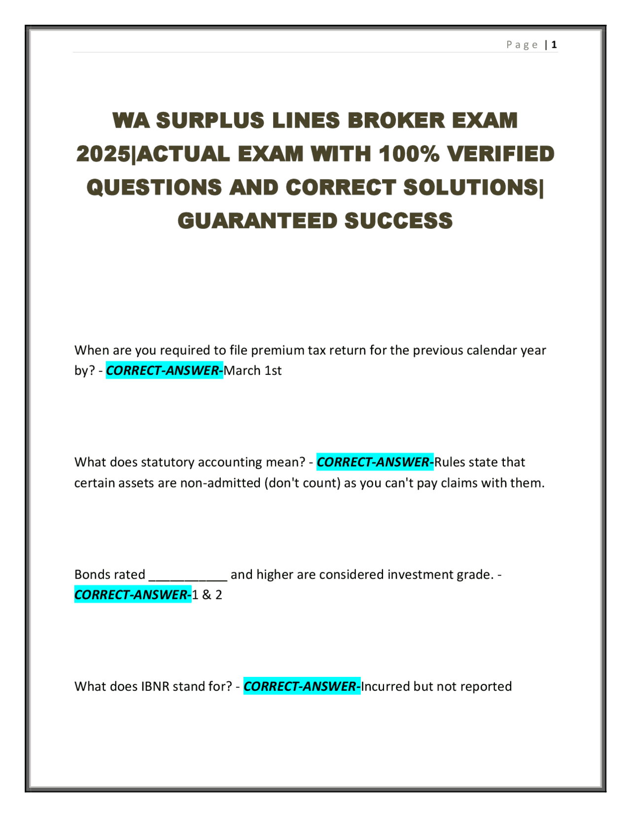 WA Surplus Lines Broker Exam: Questions and Answers for 2025 | Exams Organization and Business ...