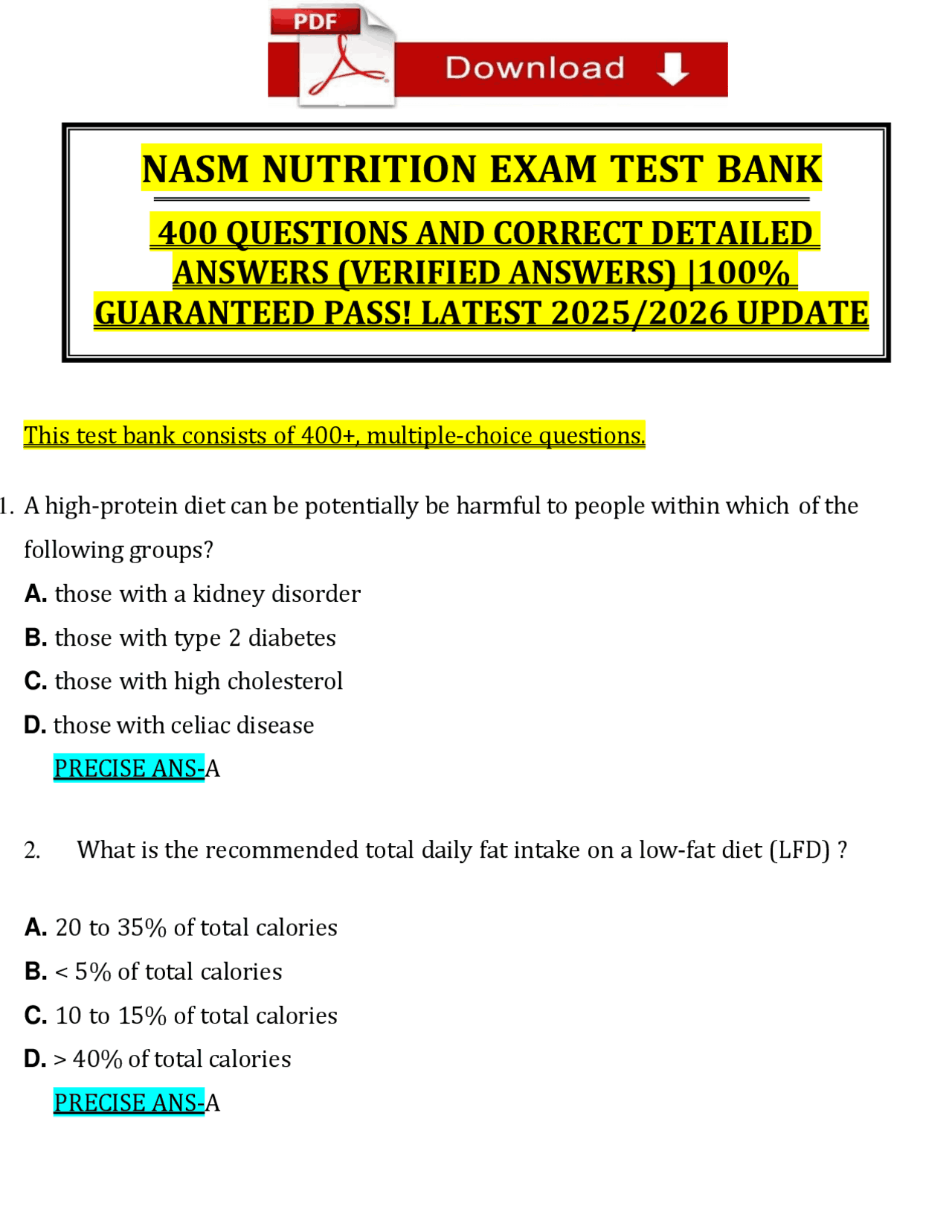 NASM NUTRITION EXAM 2025 ACTUAL QUESTIONS AND CORRECT DETAILED ANSWERS ...