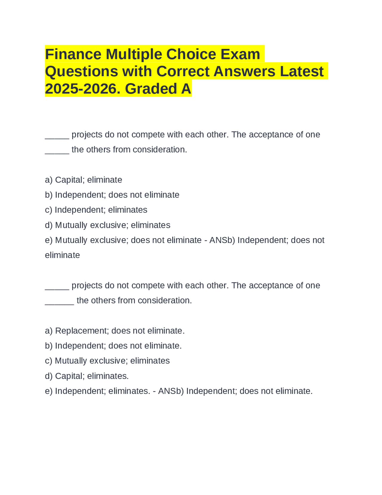 Finance Multiple Choice Exam Questions with Correct Answers Latest 2025 ...
