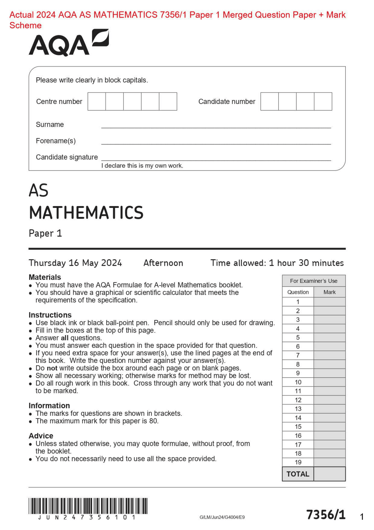 . Actual 2024 AQA AS MATHEMATICS 7356/1 Paper 1 Merged Question Paper + Mark Scheme Actual ...