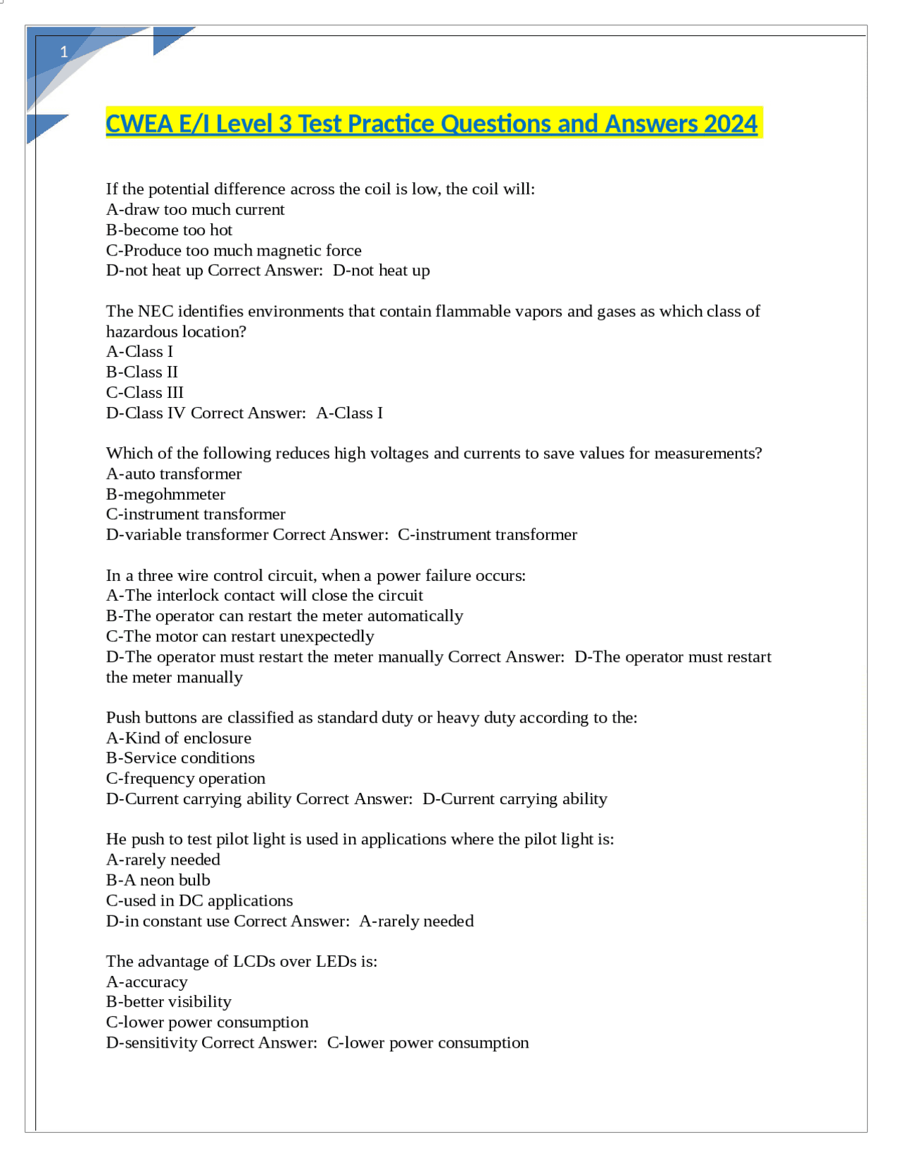 CWEA E-I Level 3 Test Practice Questions and Answers | Exams Nursing ...
