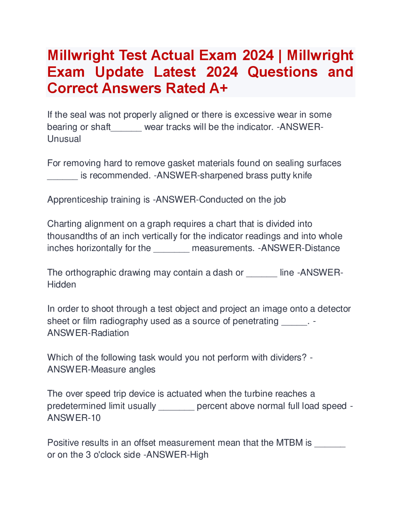 Millwright Test Actual Exam 2024 | Millwright Exam Update Latest 2024 ...