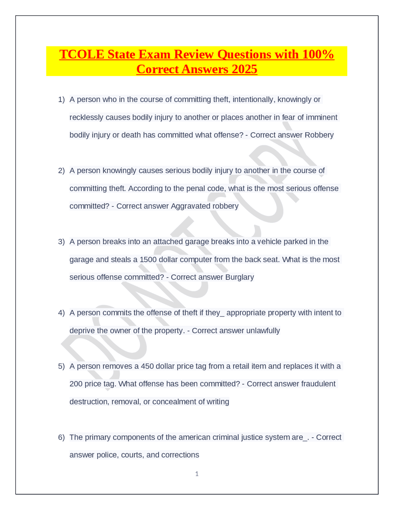 TCOLE State Exam Review Questions with 100% Correct Answers 2025 ...