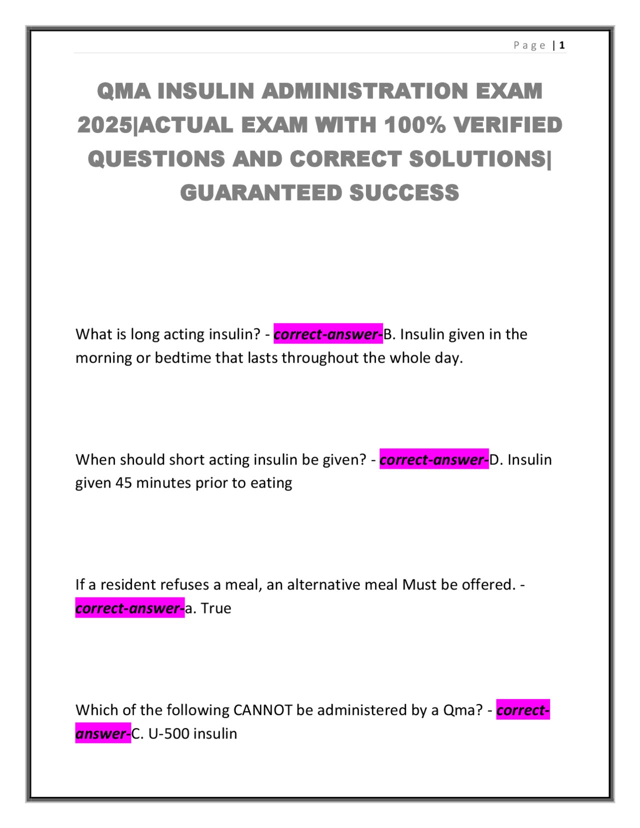 QMA INSULIN ADMINISTRATION EXAM 2025|ACTUAL EXAM WITH 100% VERIFIED ...