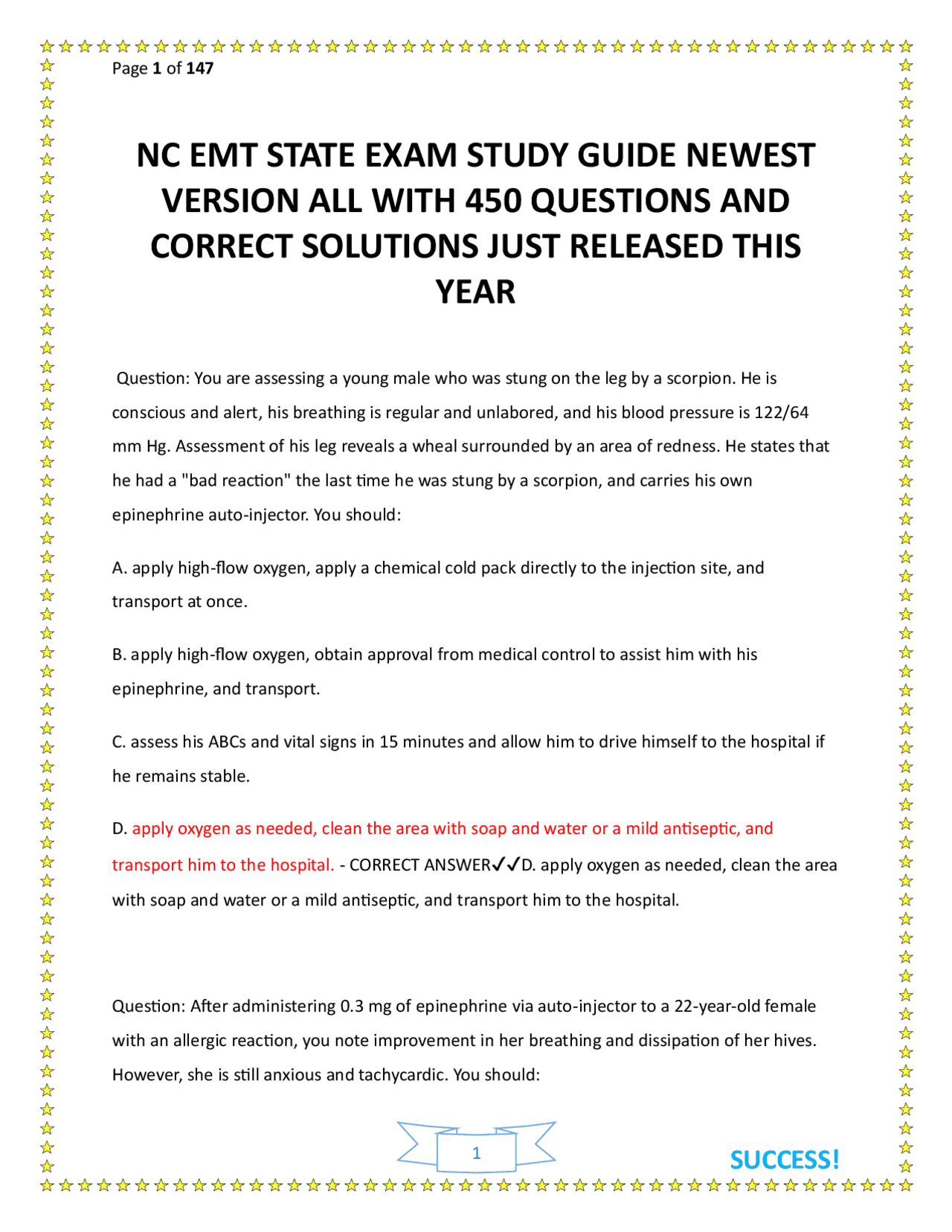 NC EMT STATE EXAM STUDY GUIDE NEWEST VERSION ALL WITH 450 QUESTIONS AND ...