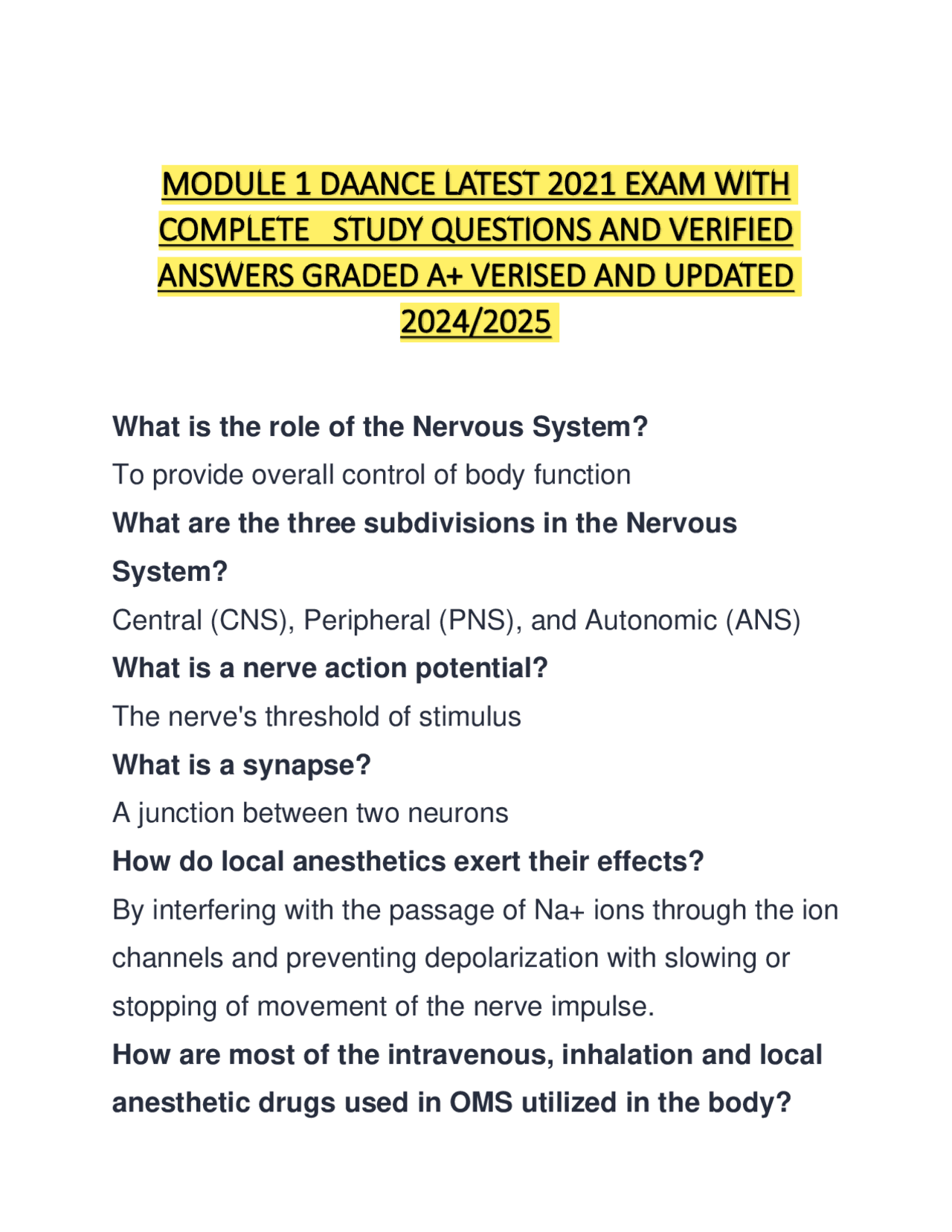 MODULE 1 DAANCE LATEST 2021 EXAM WITH COMPLETE STUDY QUESTIONS AND ...
