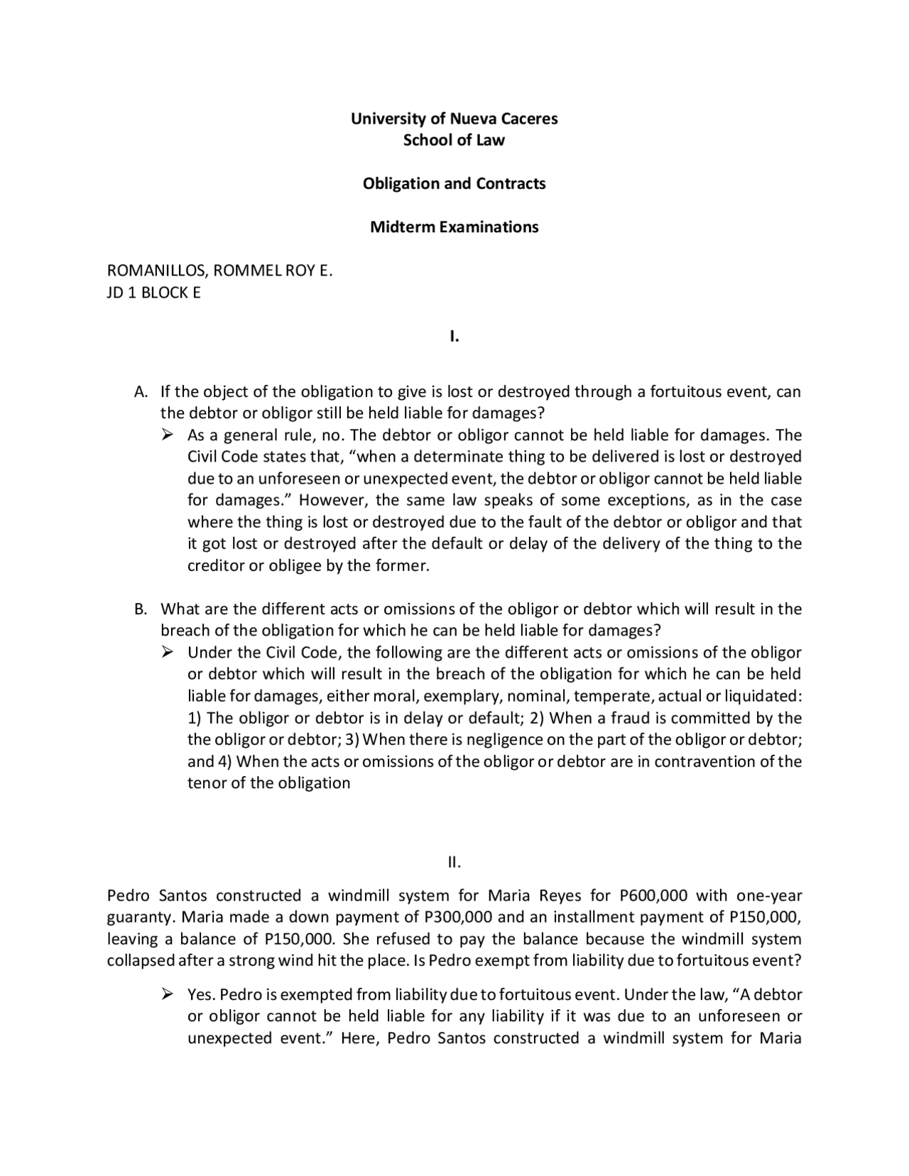 Obligations and Contracts in PH | Exams Law | Docsity