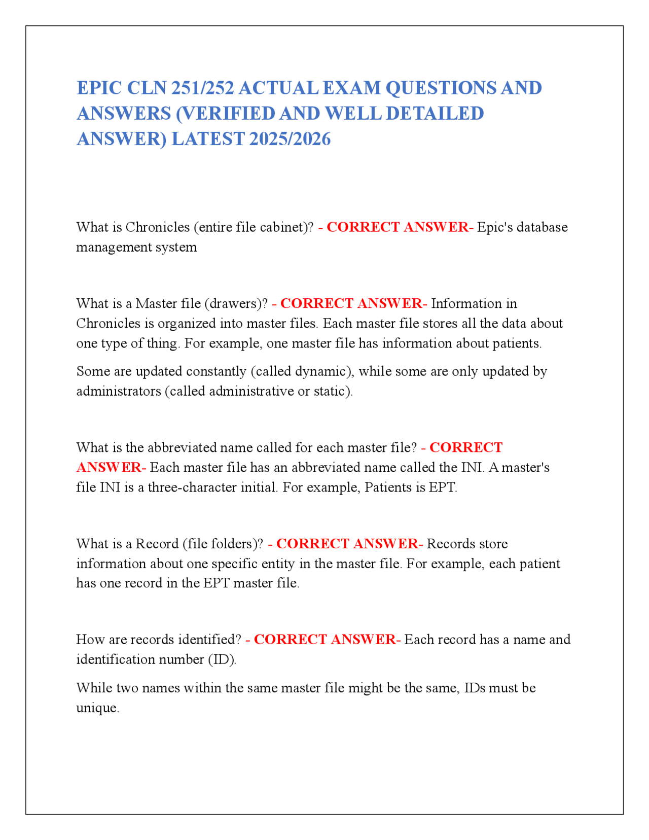 Epic Chronicles DBMS: A Guide with Q&A | Exams Nursing | Docsity