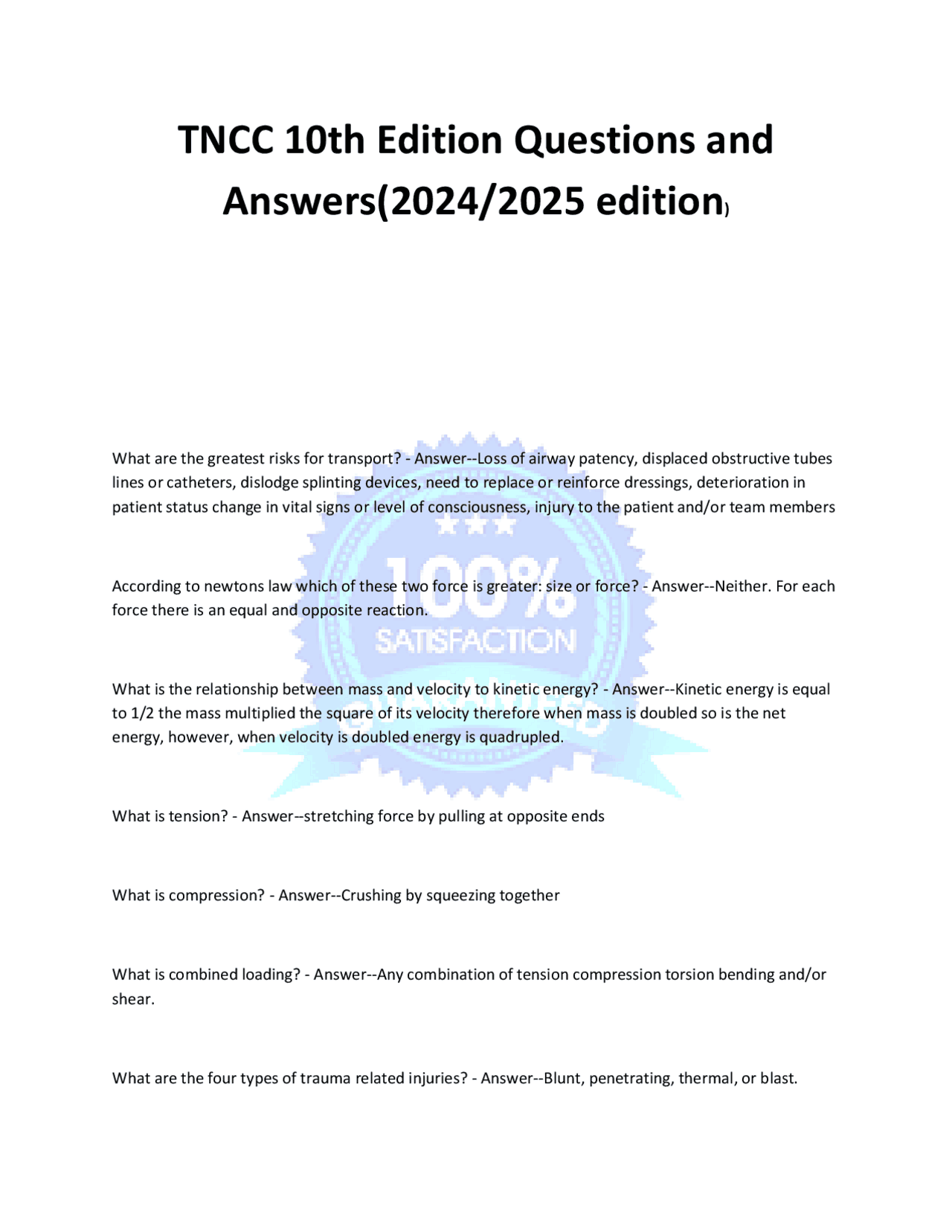 TNCC 10th Edition: Trauma Questions and Answers | Exams Nursing | Docsity