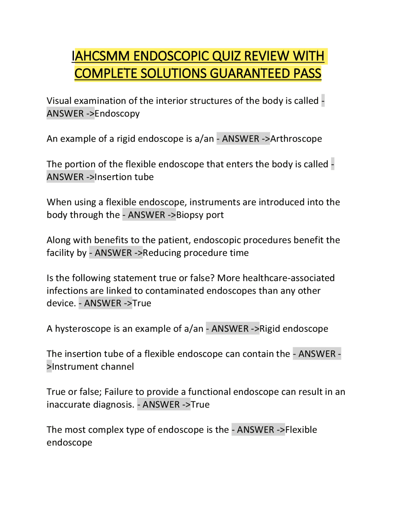 IAHCSMM ENDOSCOPIC QUIZ REVIEW WITH COMPLETE SOLUTIONS GUARANTEED PASS ...