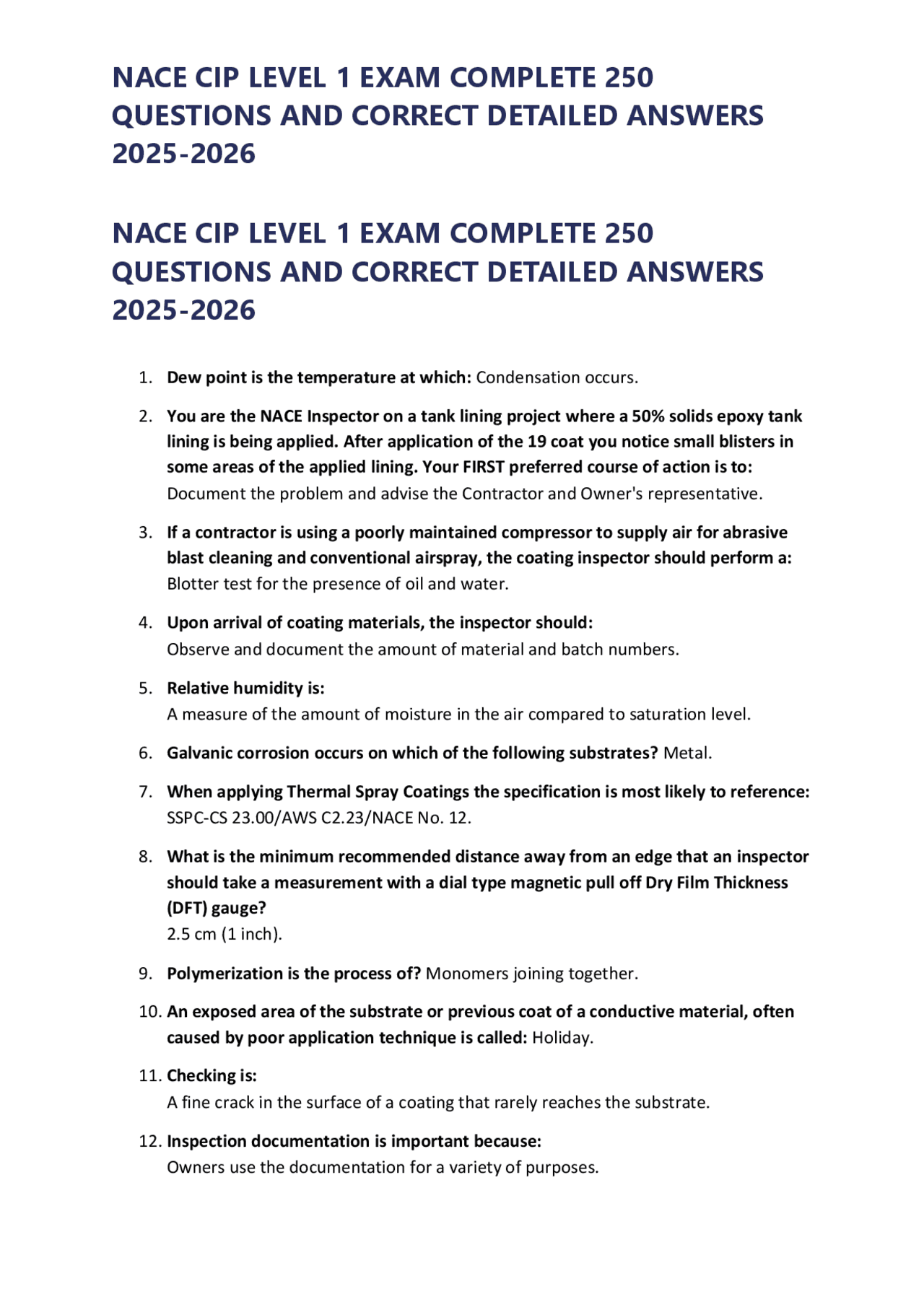 NACE CIP LEVEL 1 EXAM COMPLETE 250 QUESTIONS AND CORRECT DETAILED ...