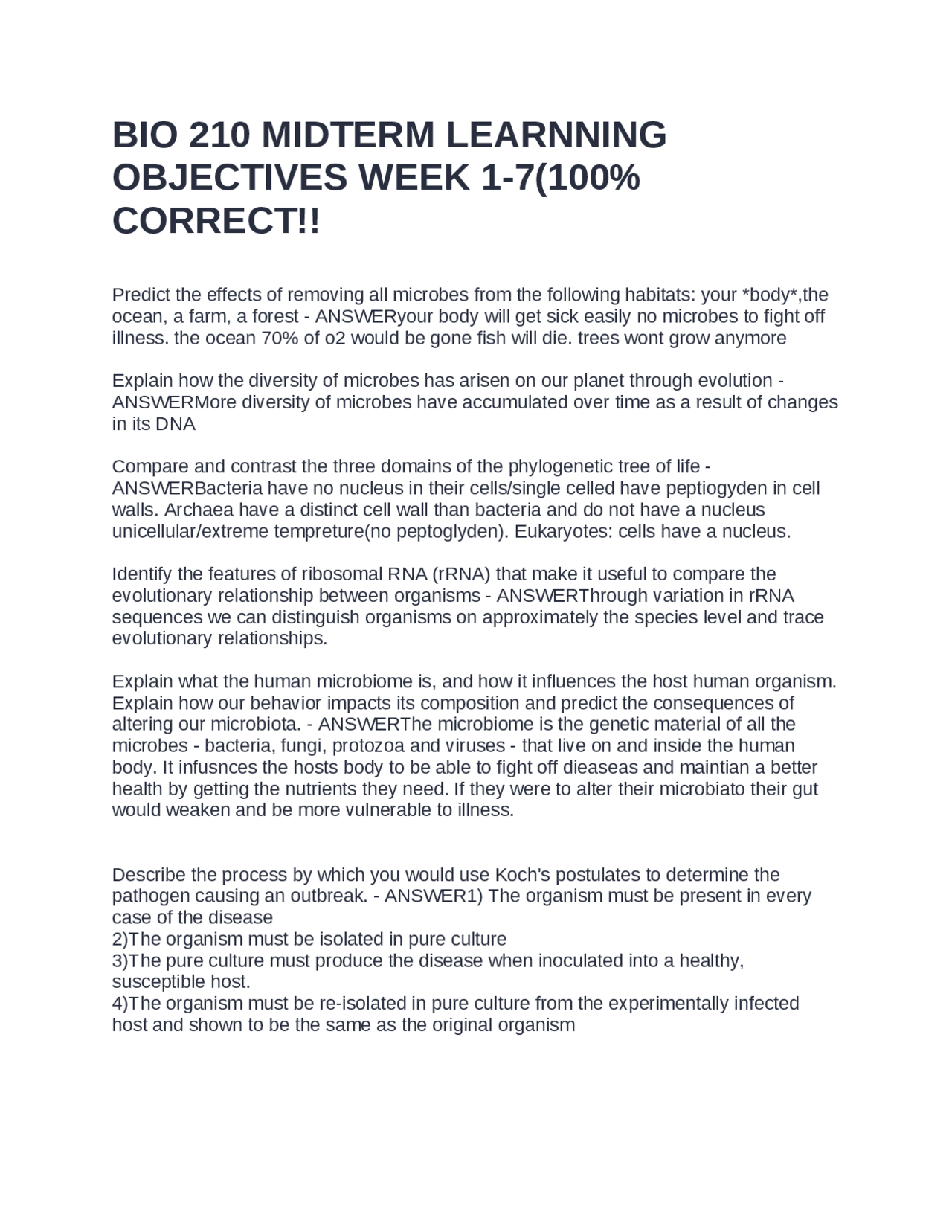 BIO 210 MIDTERM LEARNNING OBJECTIVES WEEK 1-7(100% CORRECT!! | Exams ...