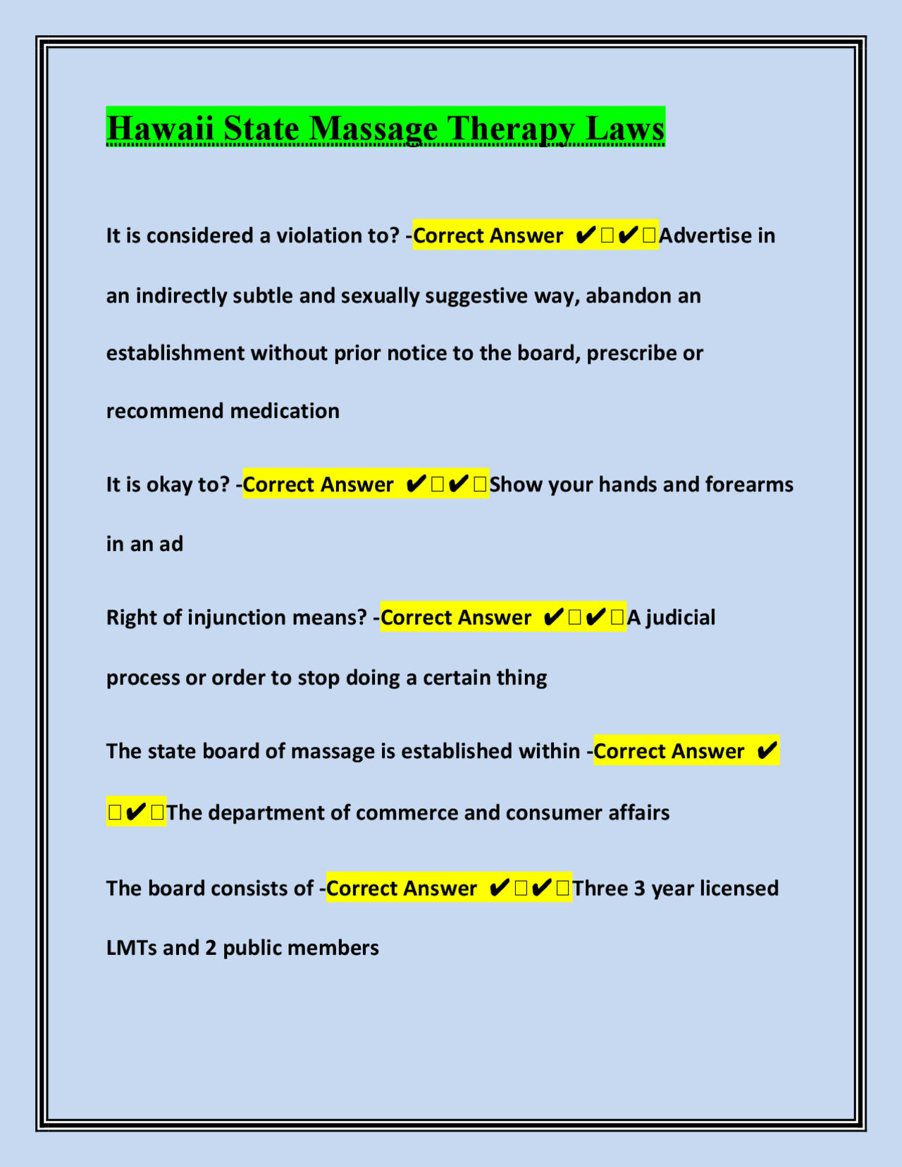 Hawaii State Massage Therapy Laws Questions With Correct Verified ...