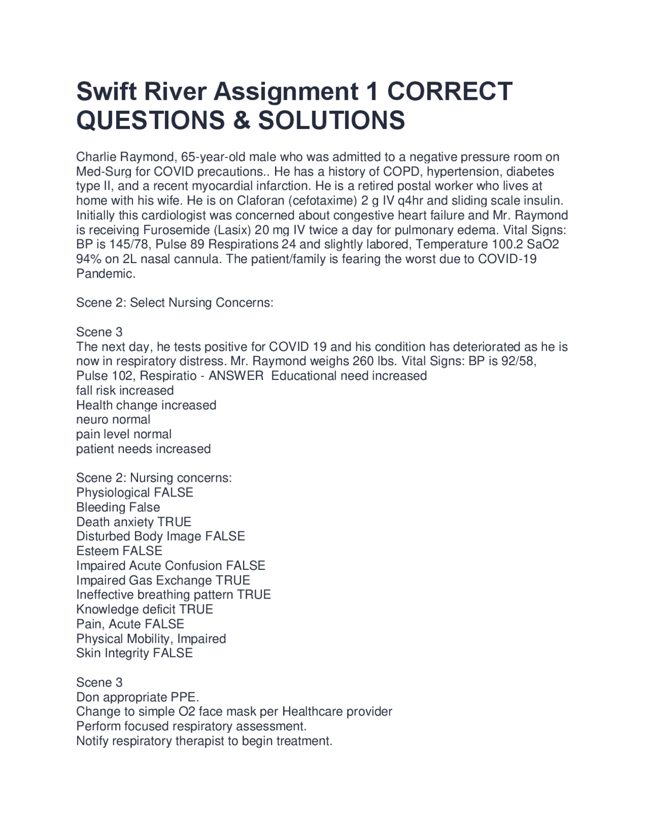 Swift River Assignment 1 CORRECT QUESTIONS & SOLUTIONS | Exams Nursing | Docsity