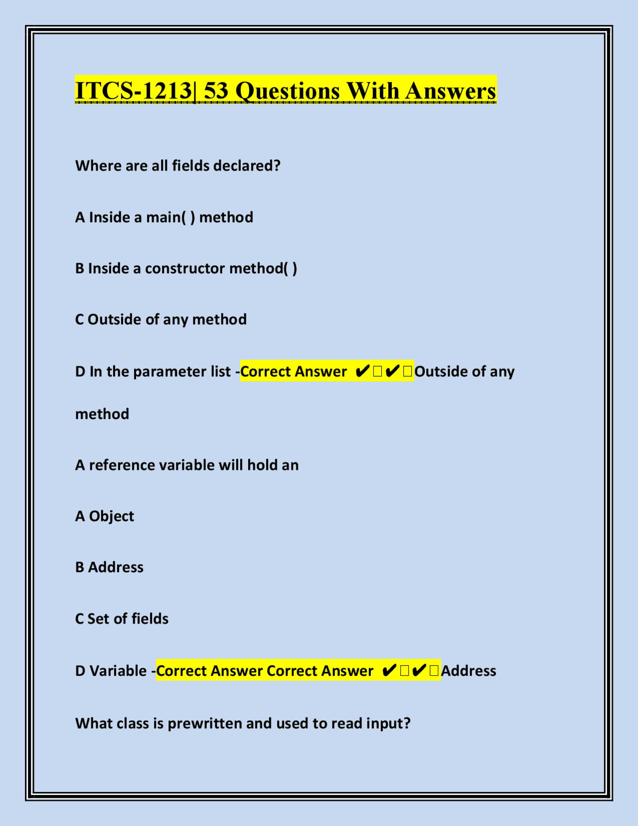 ITCS 1213 UNCC FINAL EXAM TEST QUESTIONS WITH CORRECT SOLUTIONS | Exams ...