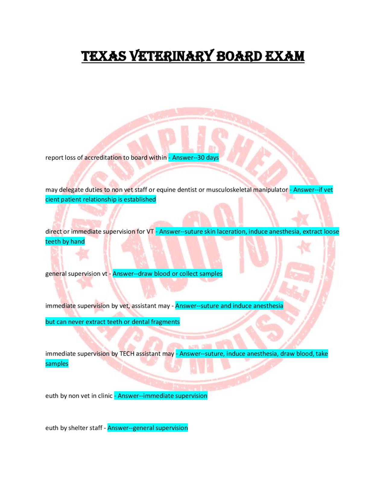 Texas Veterinary Board Exam | Exams Nursing | Docsity