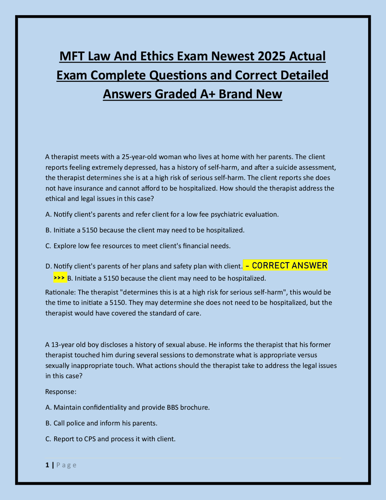 MFT Law And Ethics Exam Newest 2025 Actual Exam Complete Questions and ...