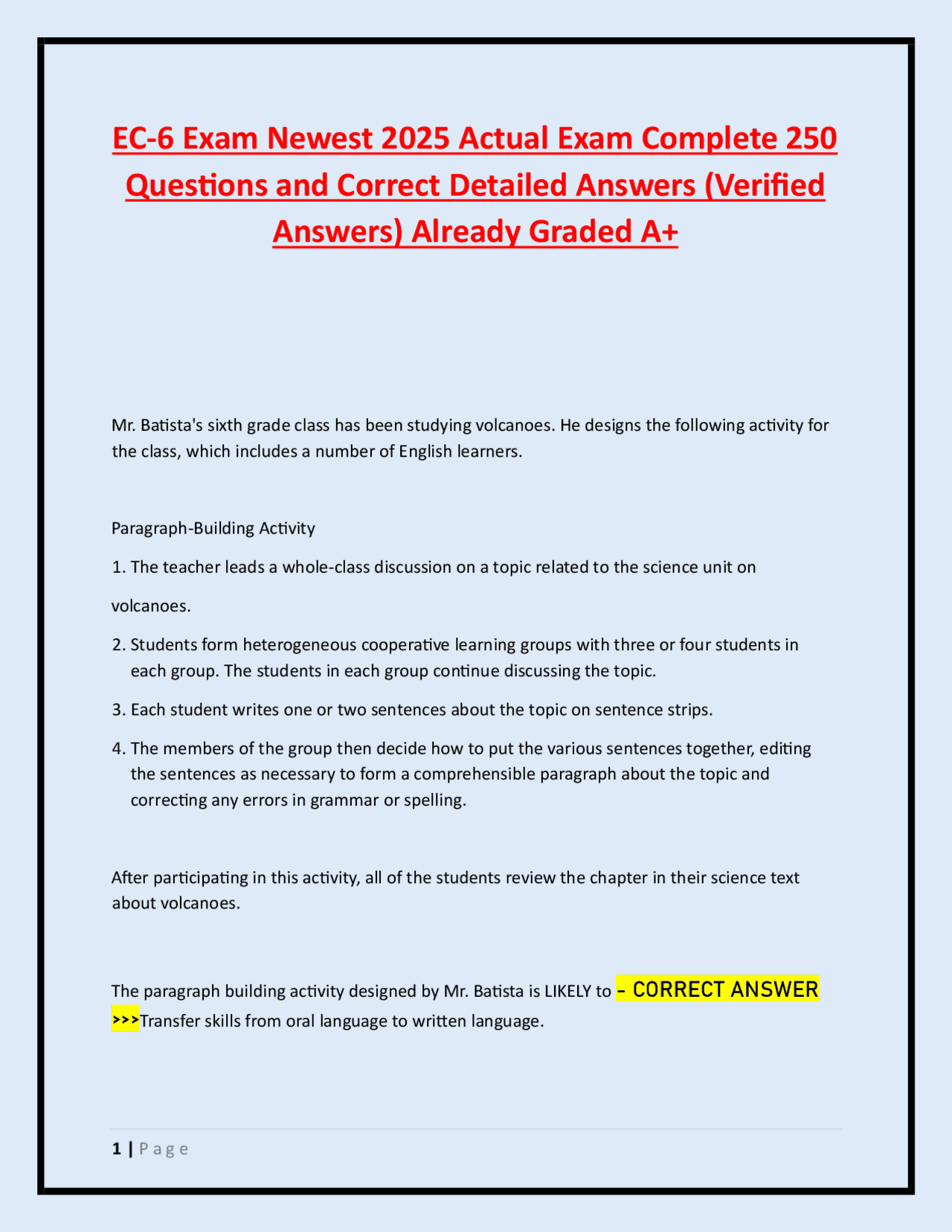 EC-6 Exam Newest 2025 Actual Exam Complete 250 Questions and Correct ...