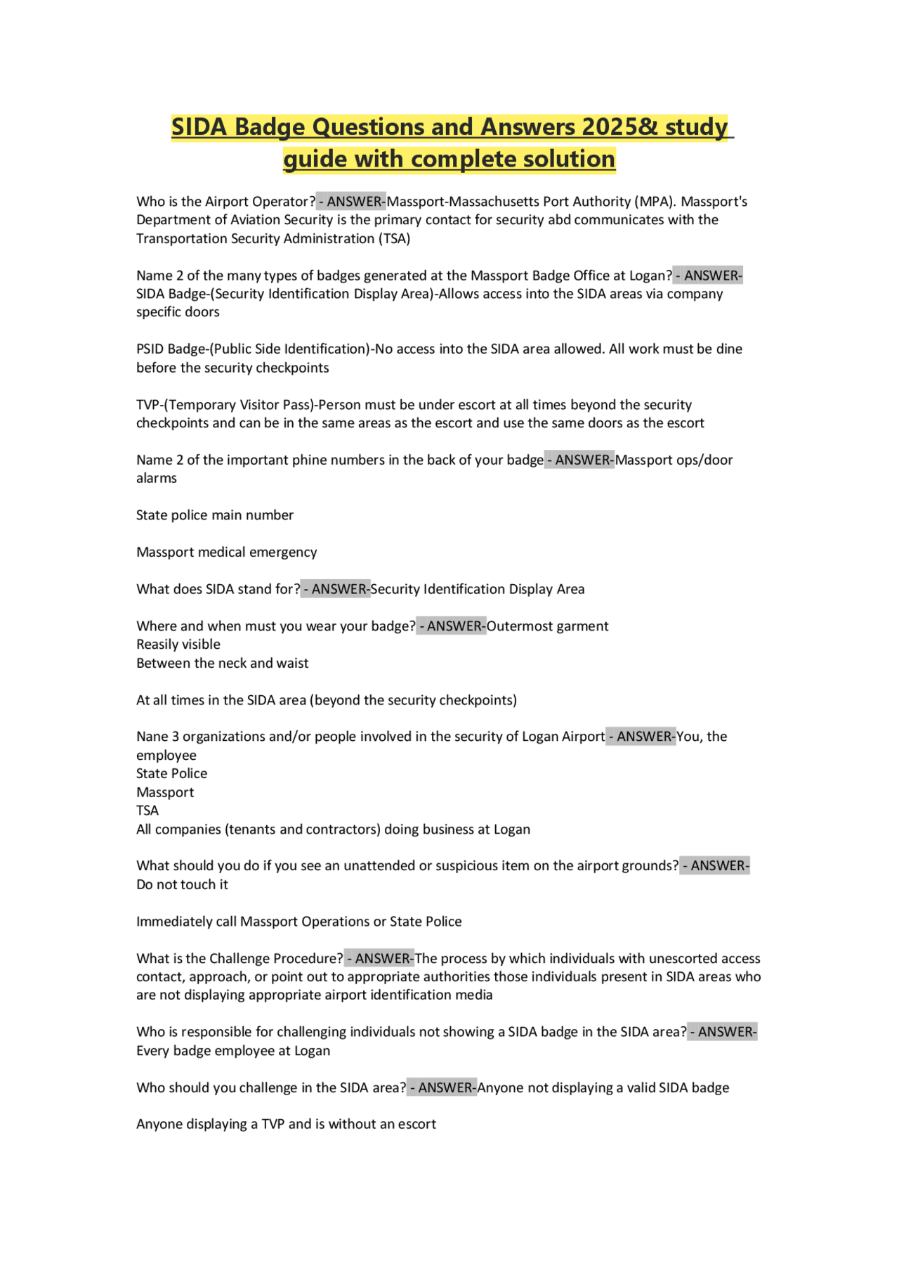 SIDA Badge Security: Questions and Answers for Logan Airport Personnel ...