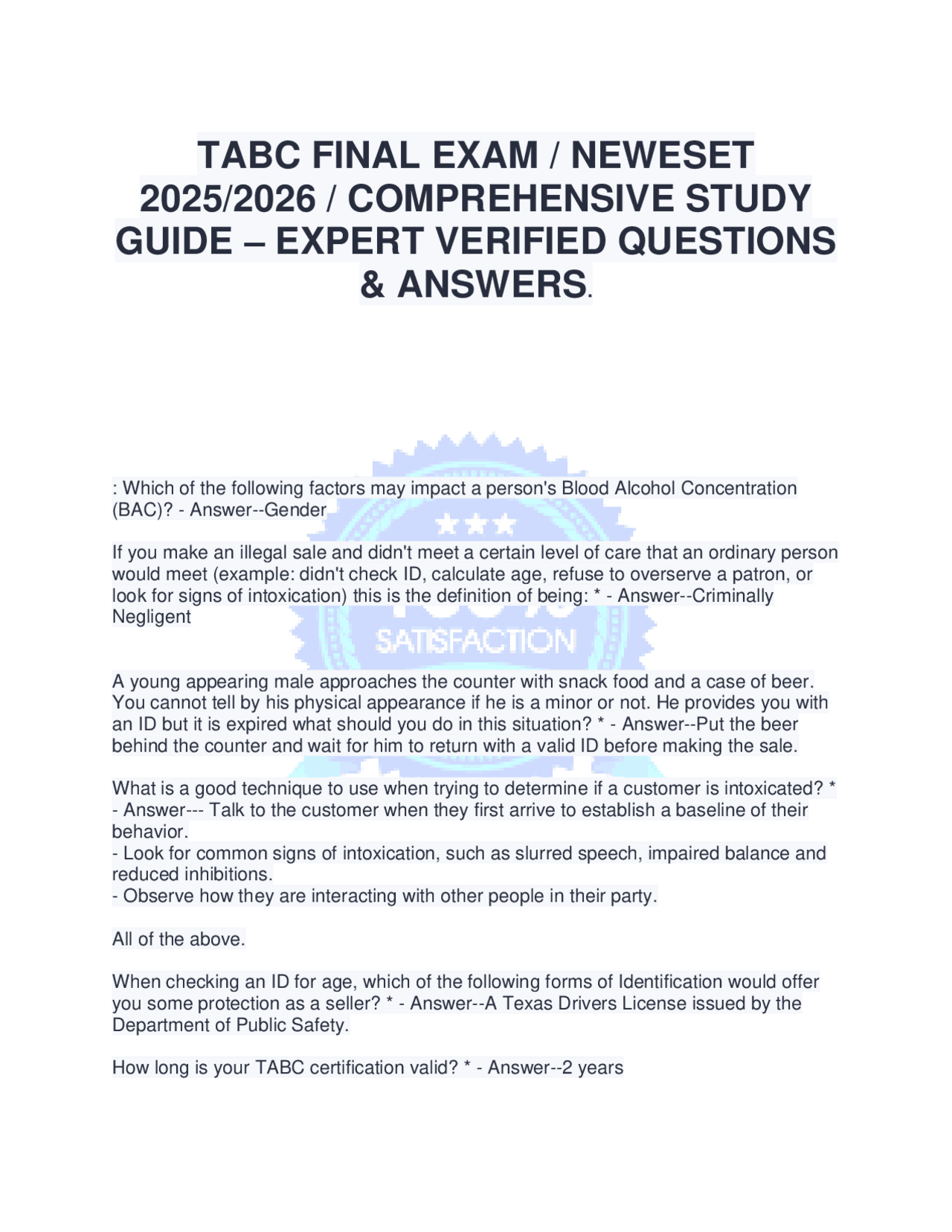 TABC FINAL EXAM / NEWESET 2025/2026 / COMPREHENSIVE STUDY GUIDE – EXPERT VERIFIED QUESTION ...