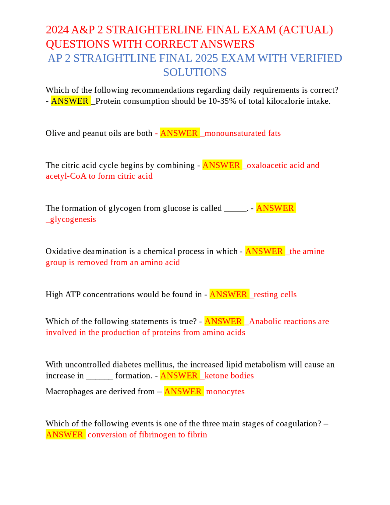 2025 A&P 2 STRAIGHTERLINE FINAL EXAM (ACTUAL) QUESTIONS WITH CORRECT ...