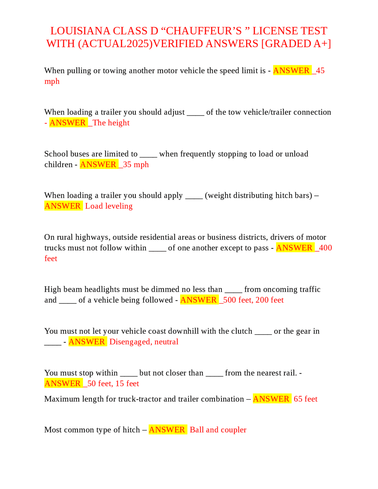 LOUISIANA CLASS D “CHAUFFEUR’S ” LICENSE TEST WITH (ACTUAL2025)VERIFIED ...