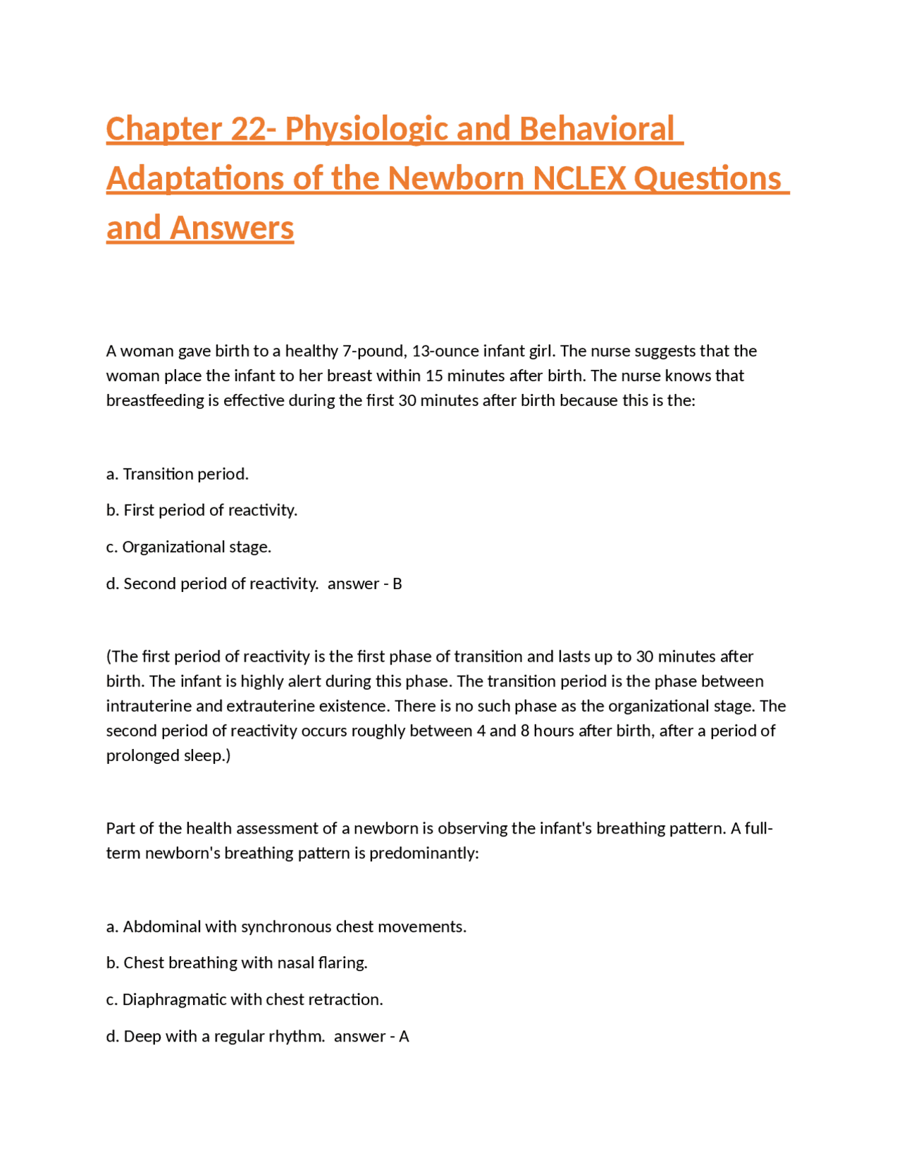 Chapter 22- Physiologic and Behavioral Adaptations of the Newborn NCLEX ...