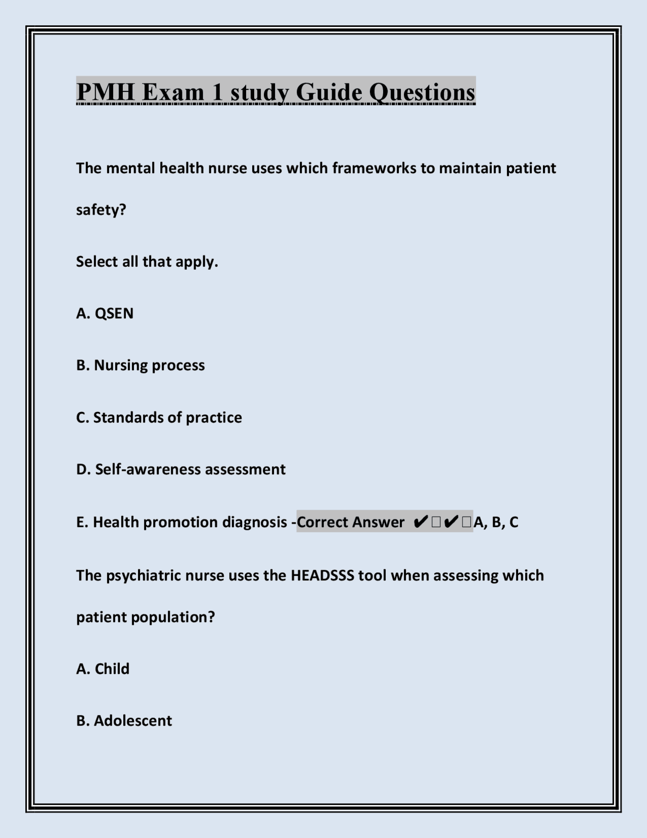 PMH Exam 1 Study Guide: Multiple Choice Questions on Mental Health ...