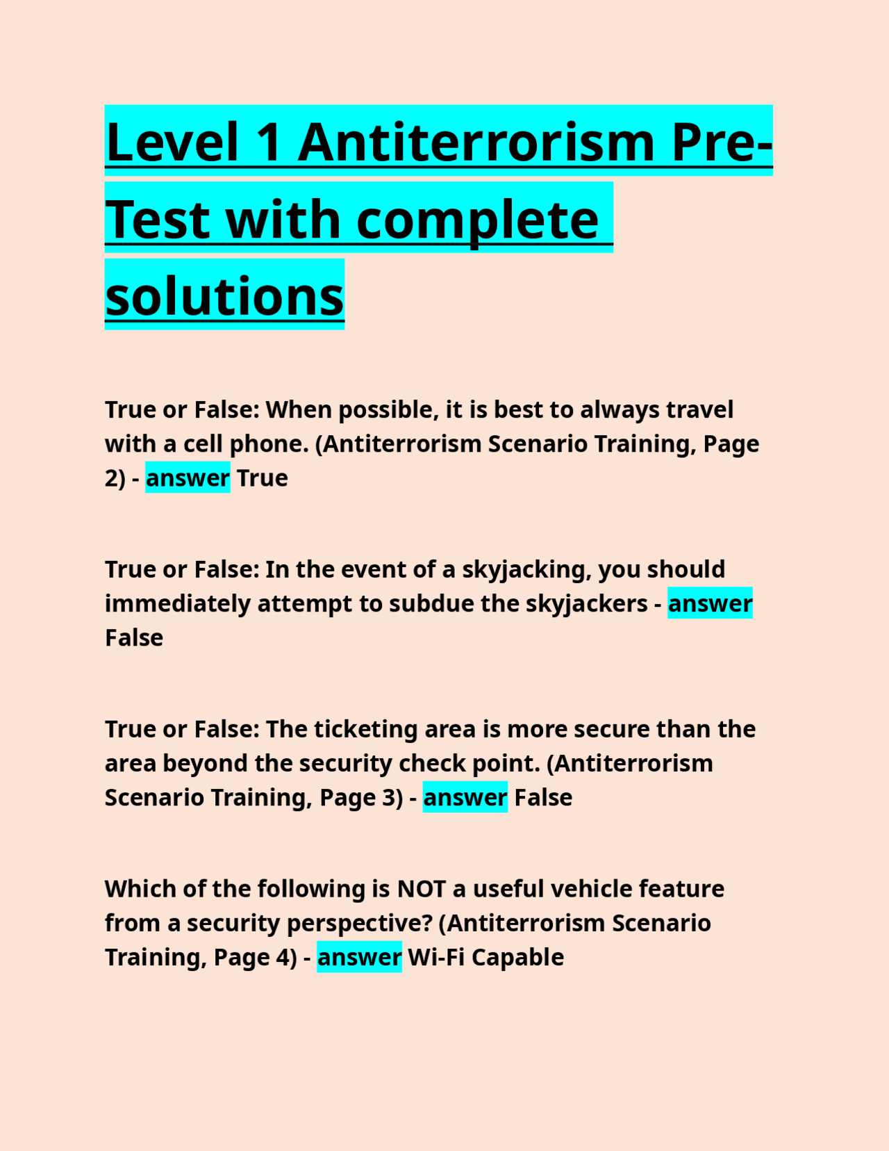 Level 1 Antiterrorism PreTest: Questions and Answers | Exams Biology ...