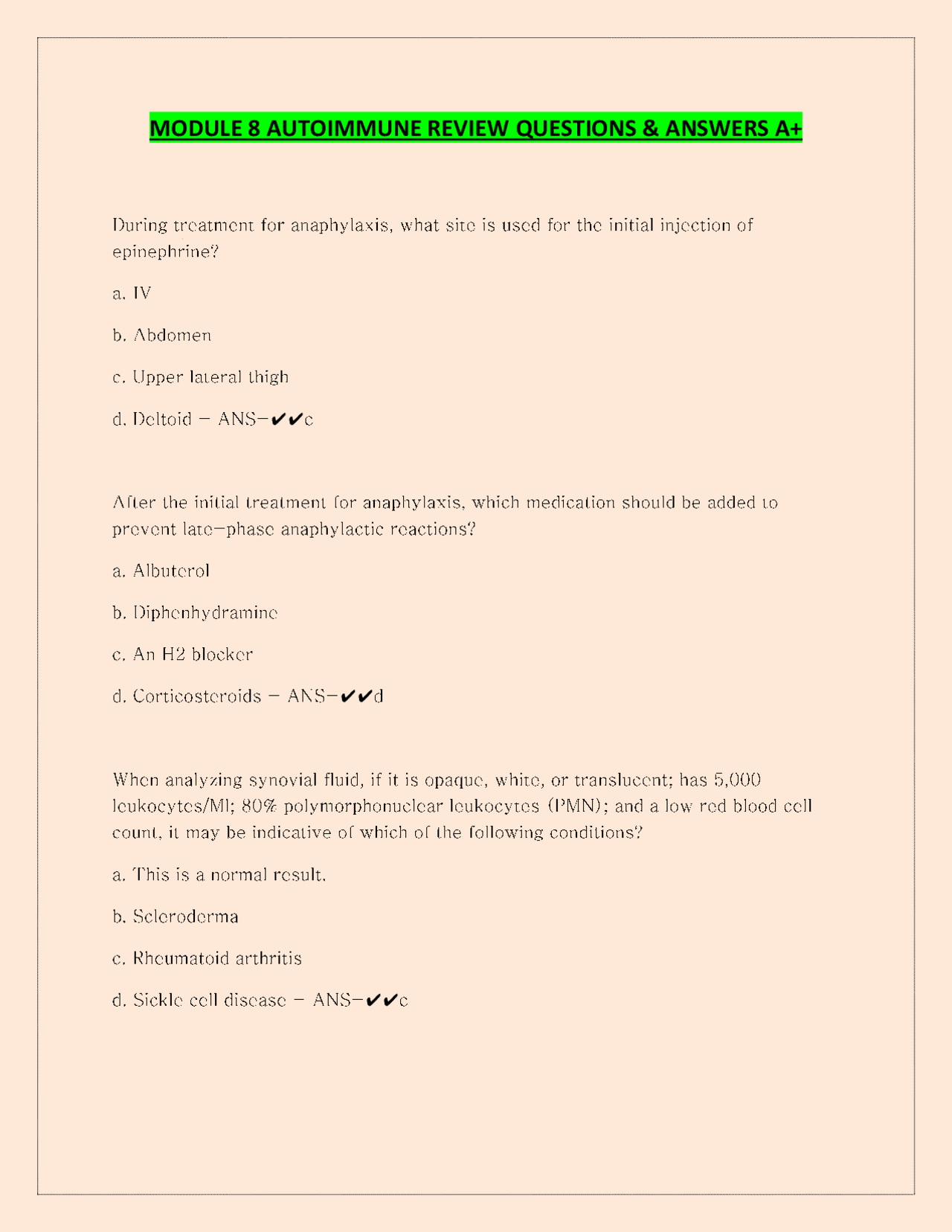MODULE 8 AUTOIMMUNE REVIEW QUESTIONS & ANSWERS A+ | Exams Nursing | Docsity