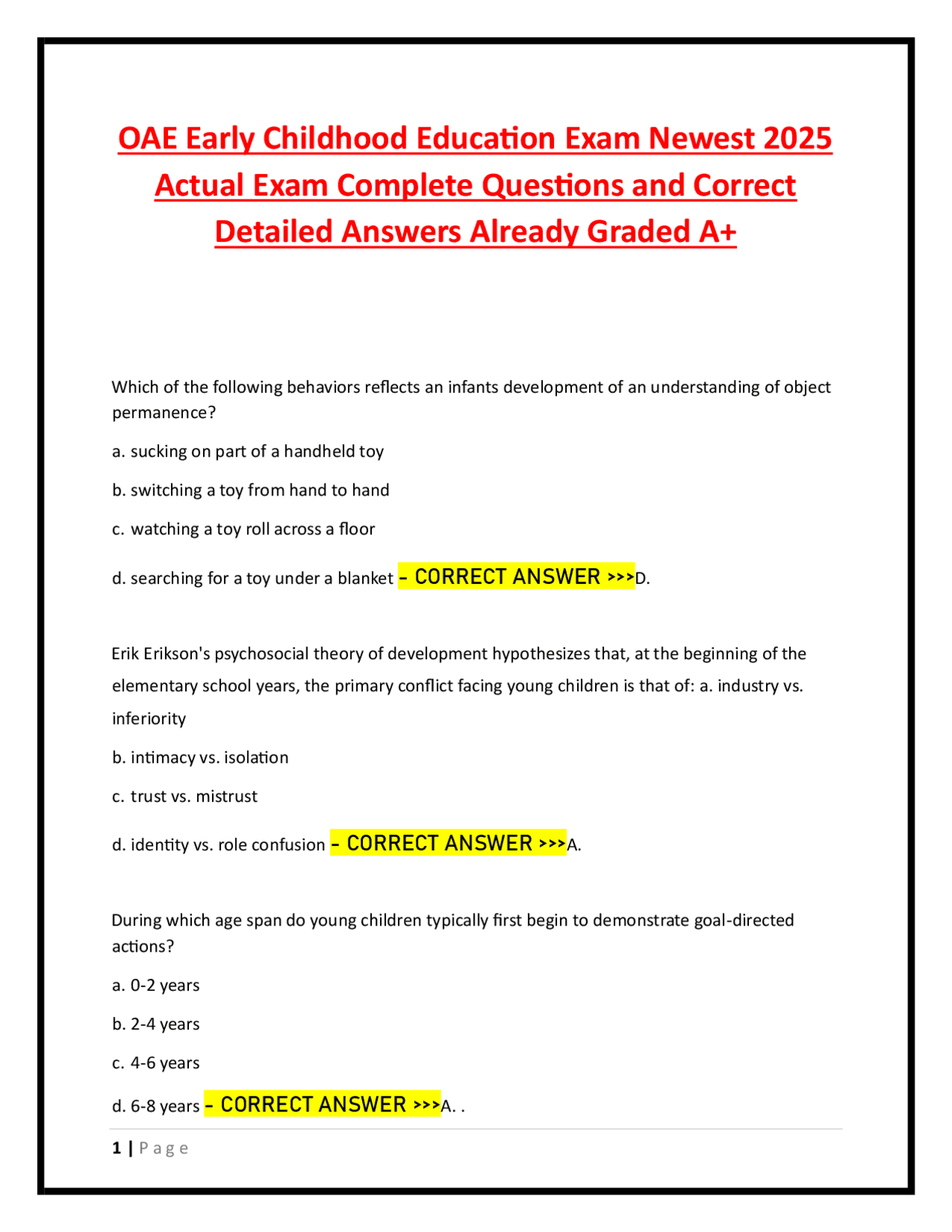 OAE Early Childhood Education Exam Newest 2025 Actual Exam Complete ...