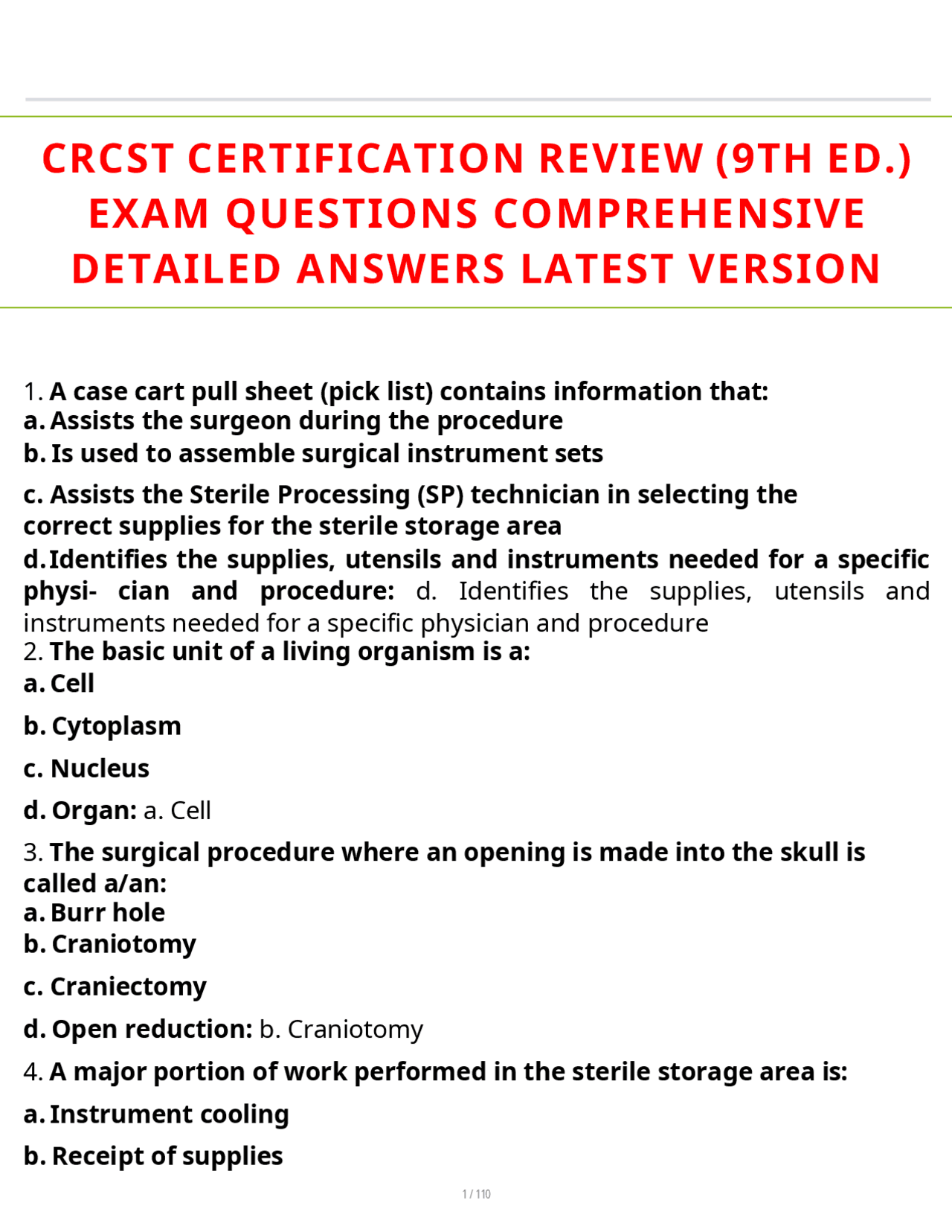 CRCST CERTIFICATION REVIEW (9TH ED.) EXAM QUESTIONS COMPREHENSIVE ...