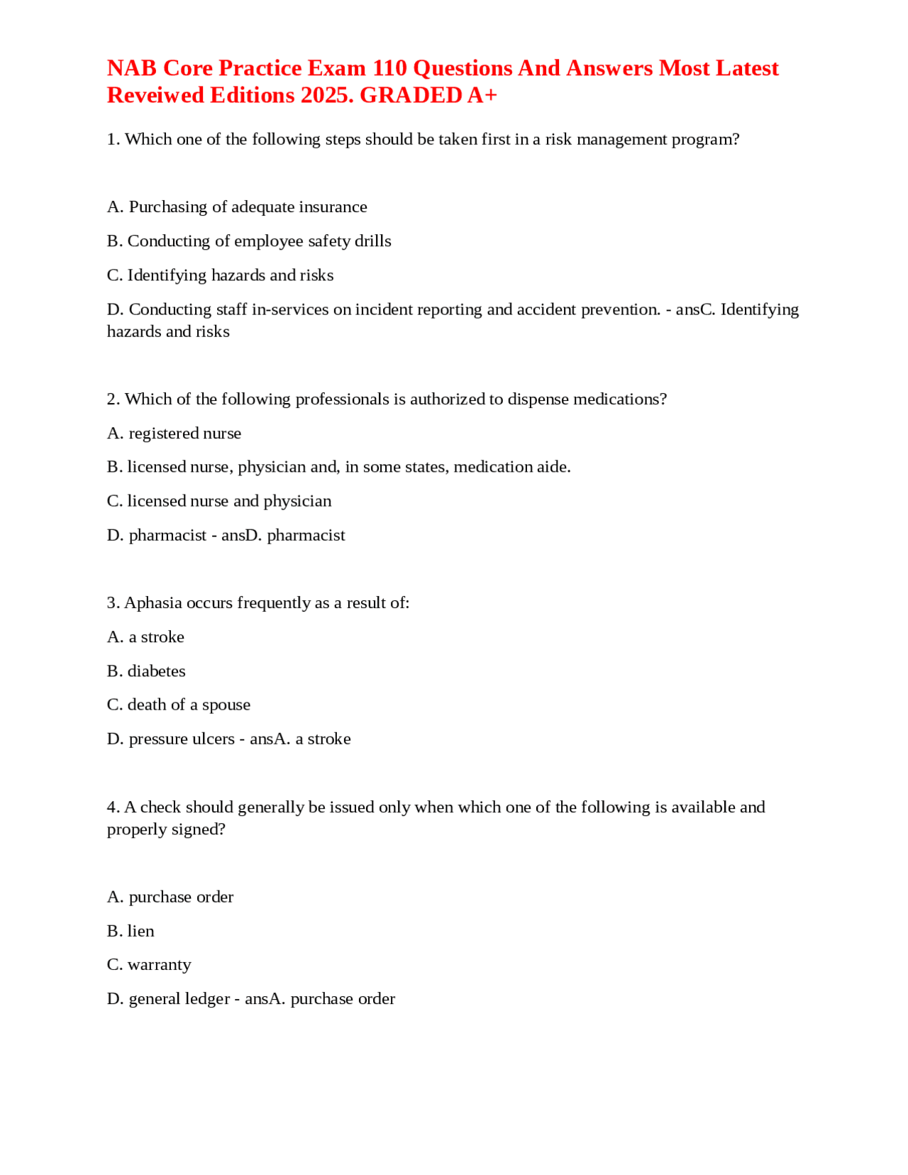 NAB Core Practice Exam: 32 Questions and Answers for Healthcare ...