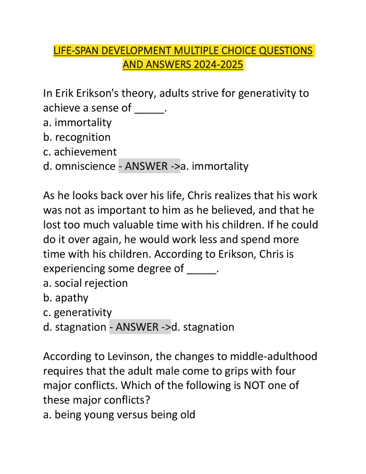 LIFE-SPAN DEVELOPMENT MULTIPLE CHOICE QUESTIONS AND ANSWERS 2025-2026 ...