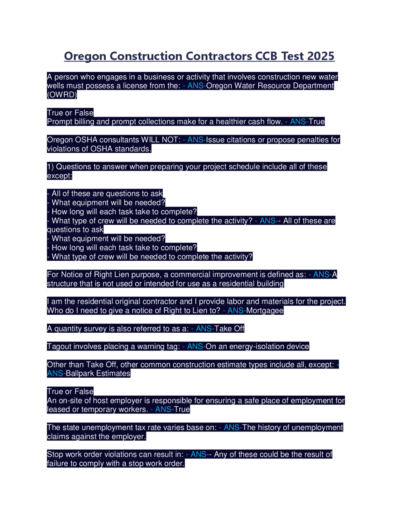 Oregon Construction Contractors CCB Test 2025 | Exams Construction ...