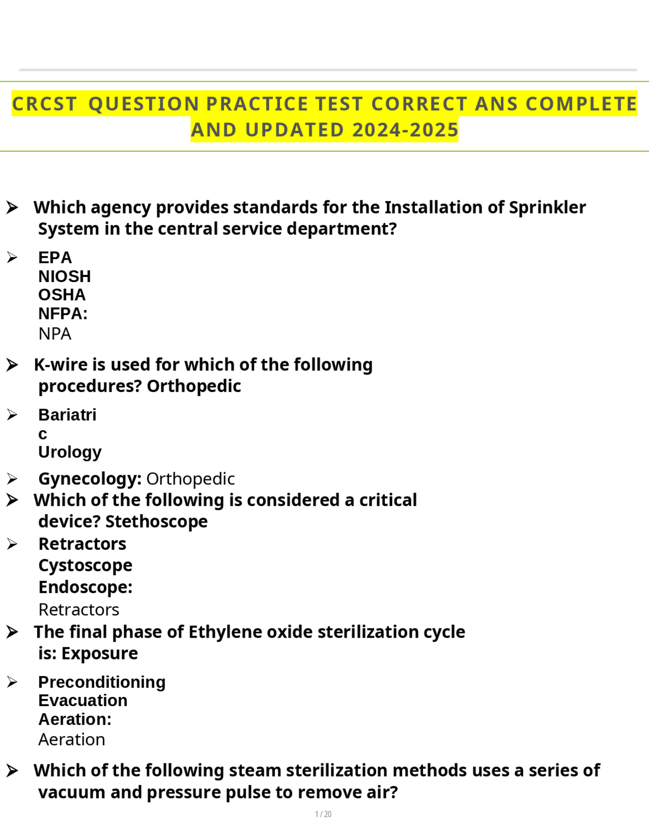 CRCST QUESTION PRACTICE TEST CORRECT ANS COMPLETE AND UPDATED 2024-2025 ...